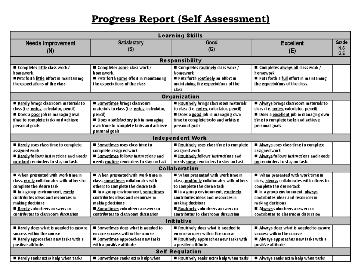 New Progress Report Self Assessment '18 (002) - BIO201 - Bishop's - Studocu