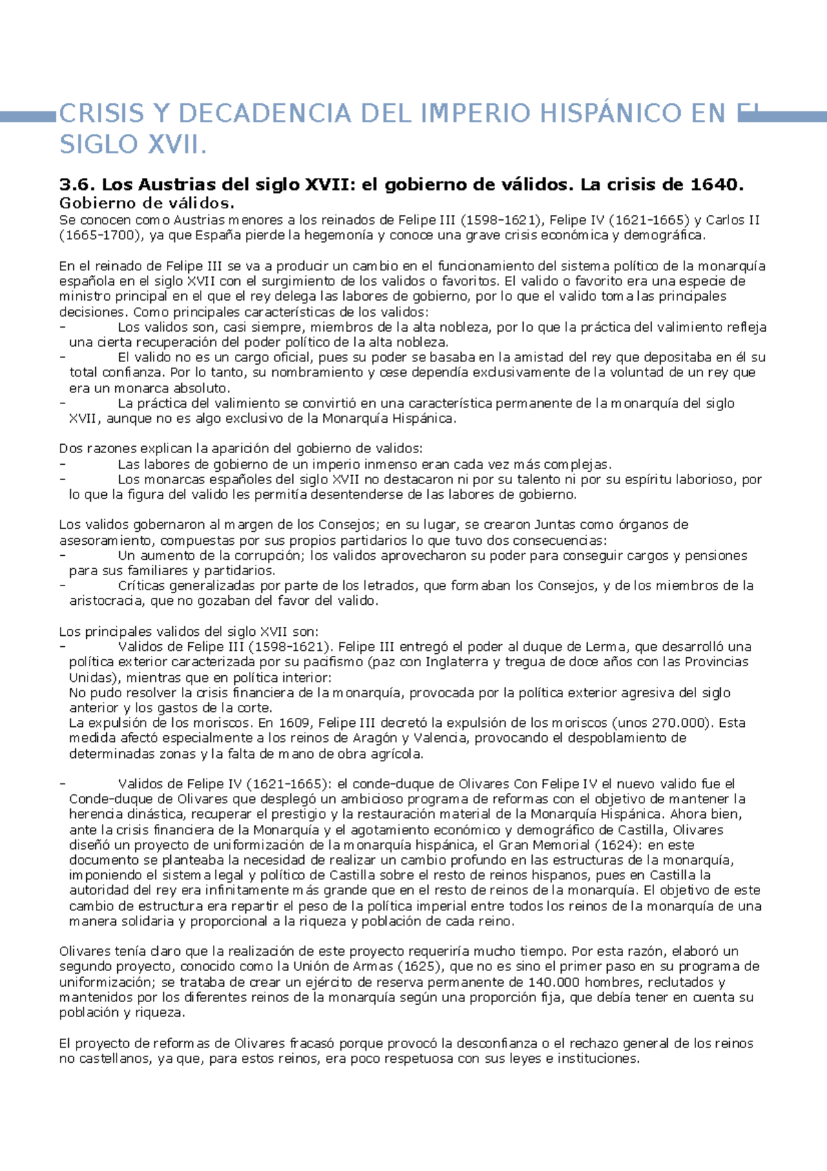 Crisis Y Decadencia DEL Imperio Hispánico EN EL Siglo XVII - historia de españa - UCM - Studocu