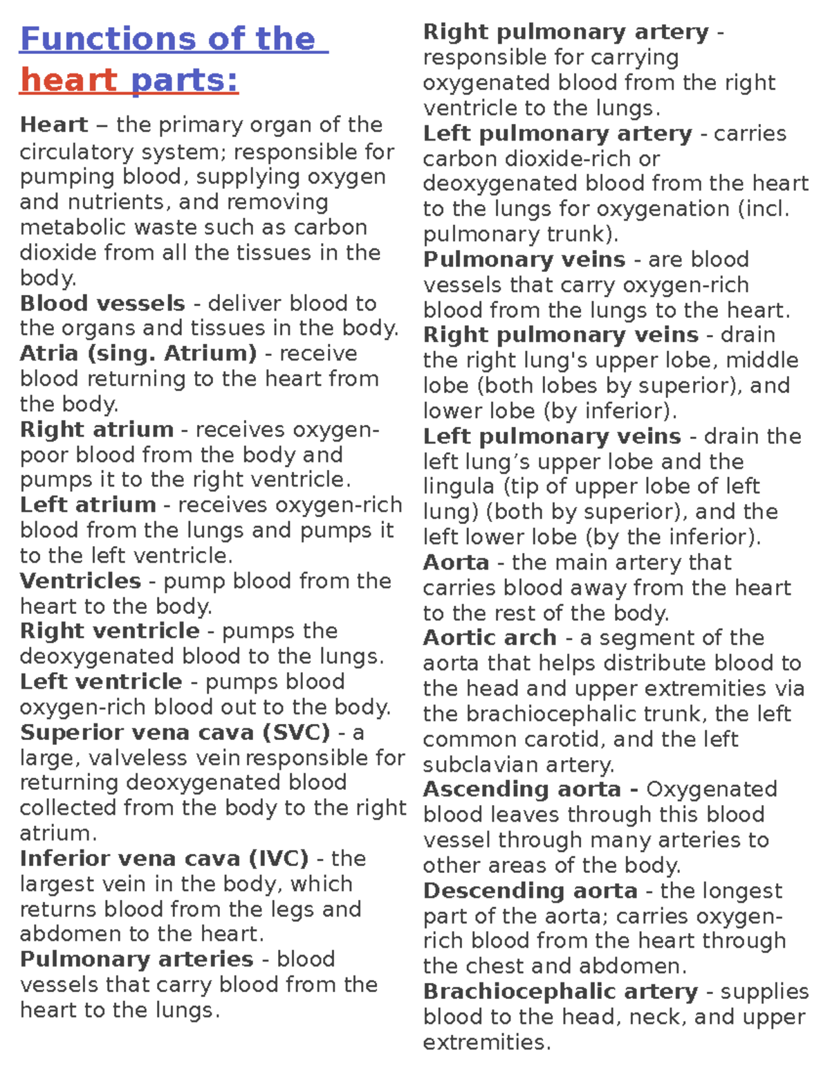 Fumctions of the heart parts - Functions of the heart parts: Heart ...