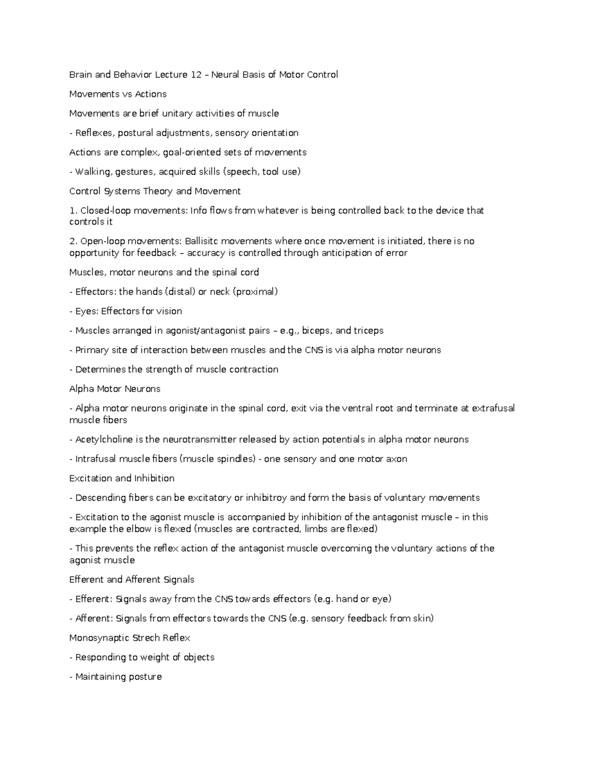 Brain And Behavior Lecture 12 Neural Basis Of Motor Control Brain And Behavior Lecture 12