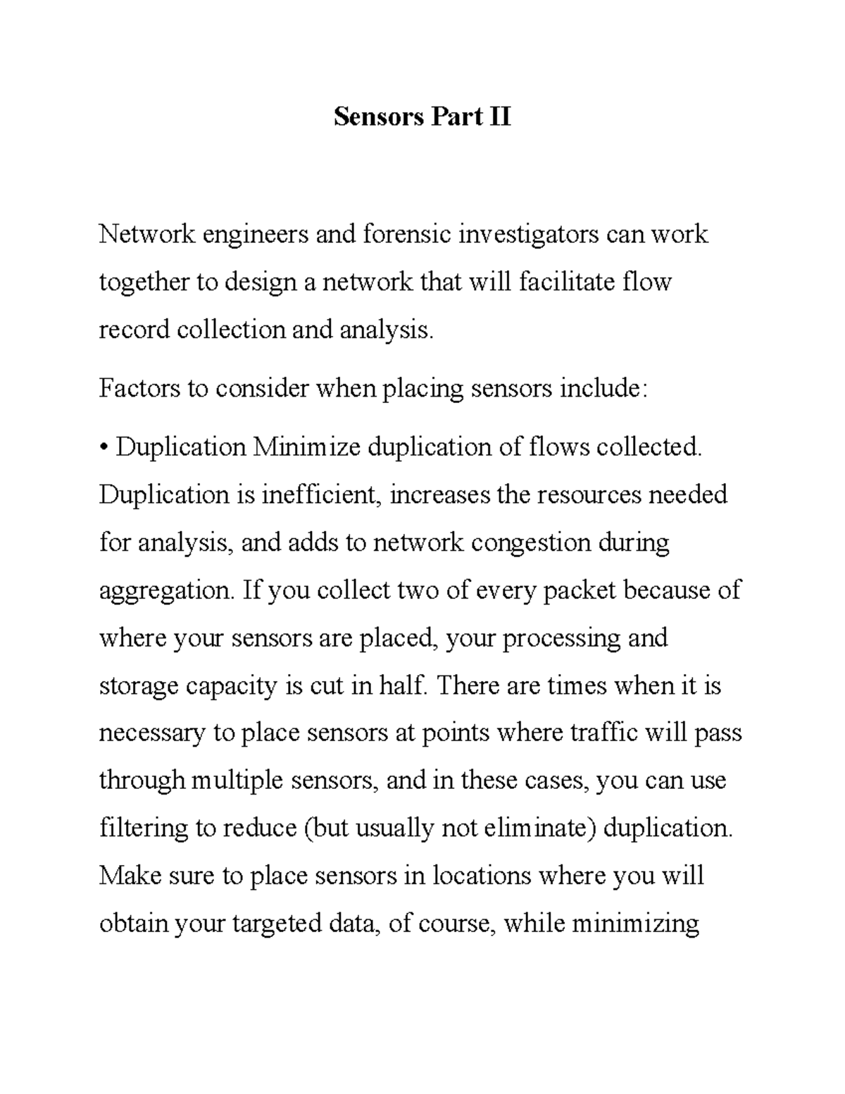 Sensors Part II - Sensors Part II Network engineers and forensic investigators can work together ...