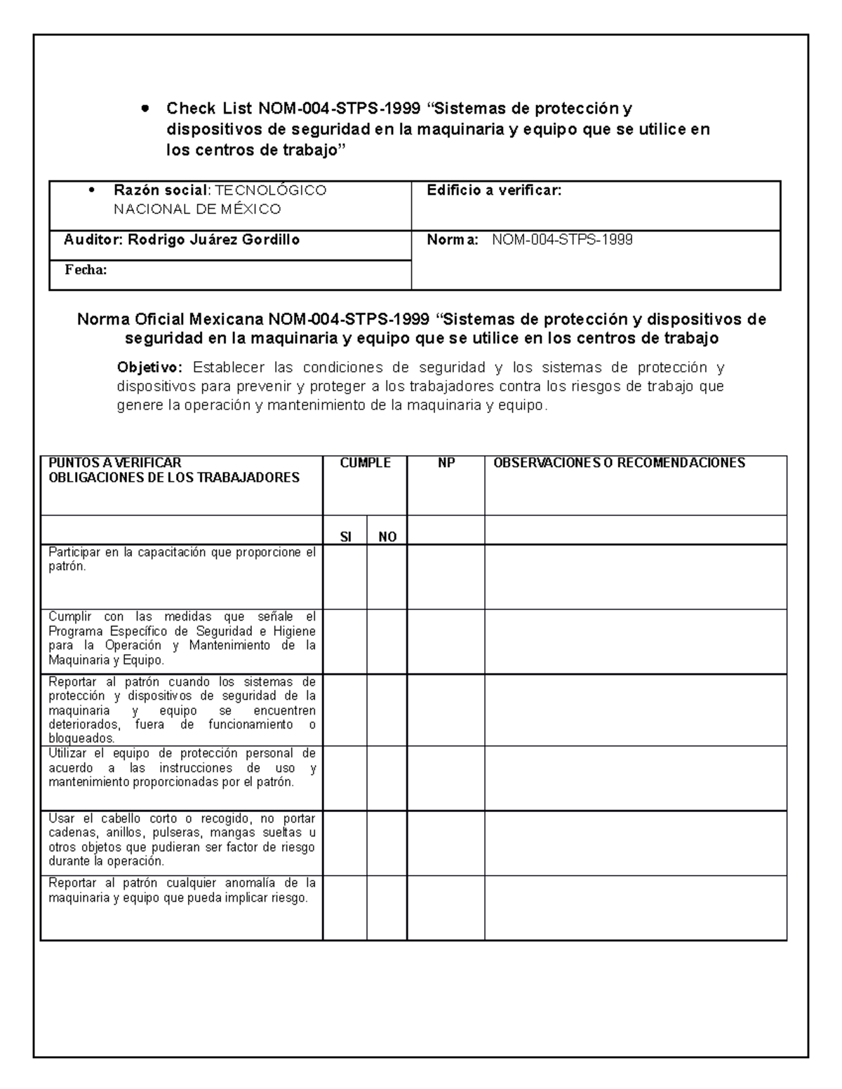 Check List NOM 004 - Check List NOM-004-STPS-1999 “Sistemas de ...