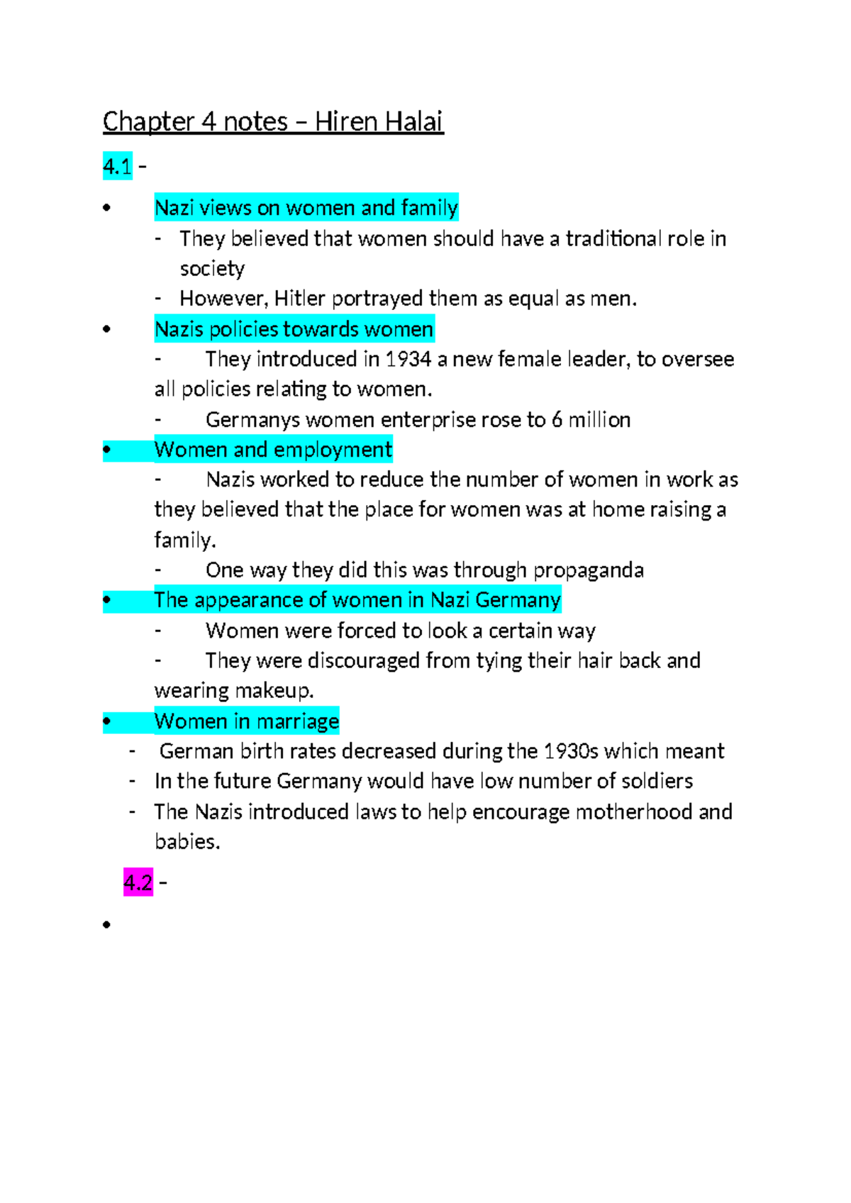 Chapter 4 notes - Chapter 4 notes – Hiren Halai 4 – Nazi views on women ...