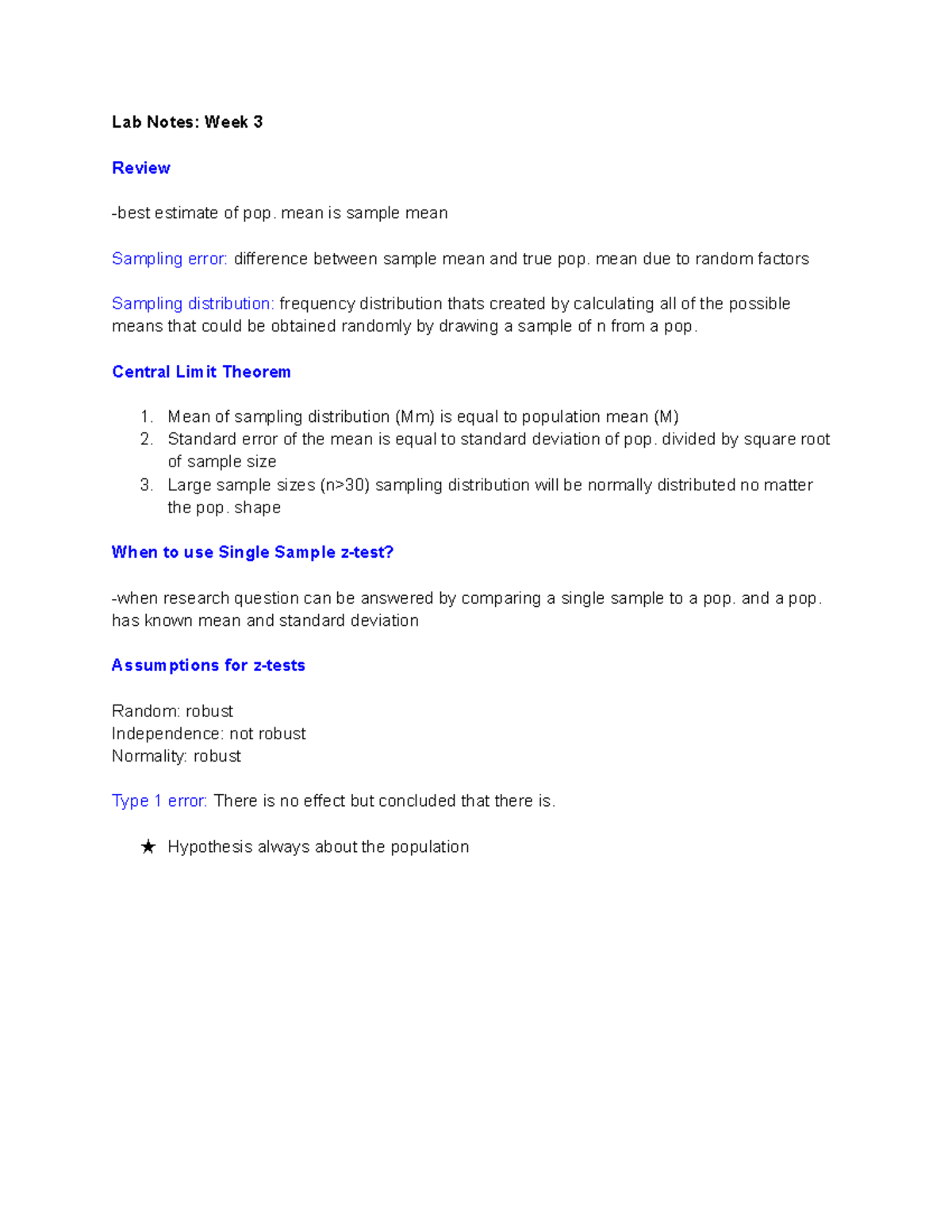 Psych 302 lab notes W3 - Lab Notes: Week 3 Review -best estimate of pop ...