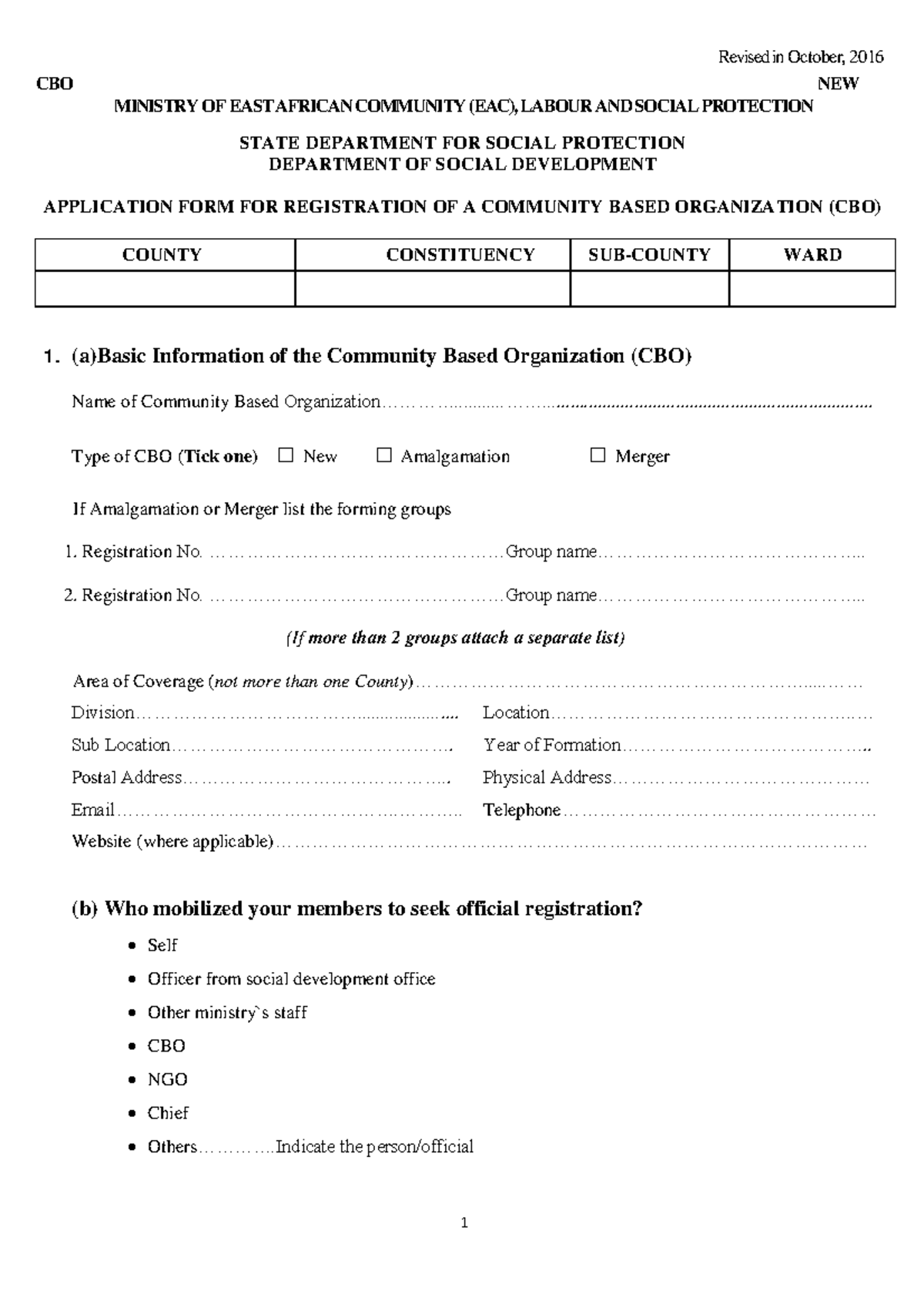 CBO Registration final - Revised in October, 2016 CBO NEW MINISTRY OF ...