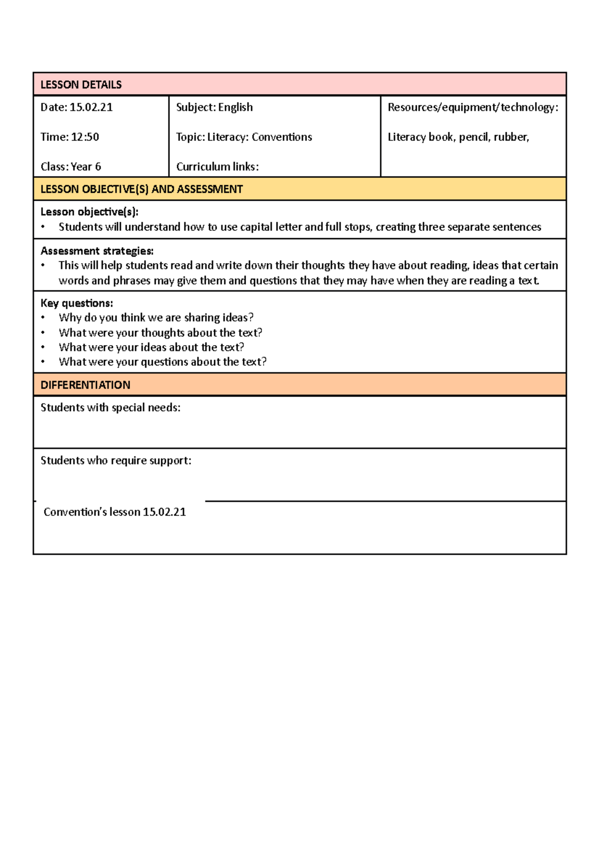 Convention Lesson- 15th and 16th feb - LESSON DETAILS Date: 15. Time ...
