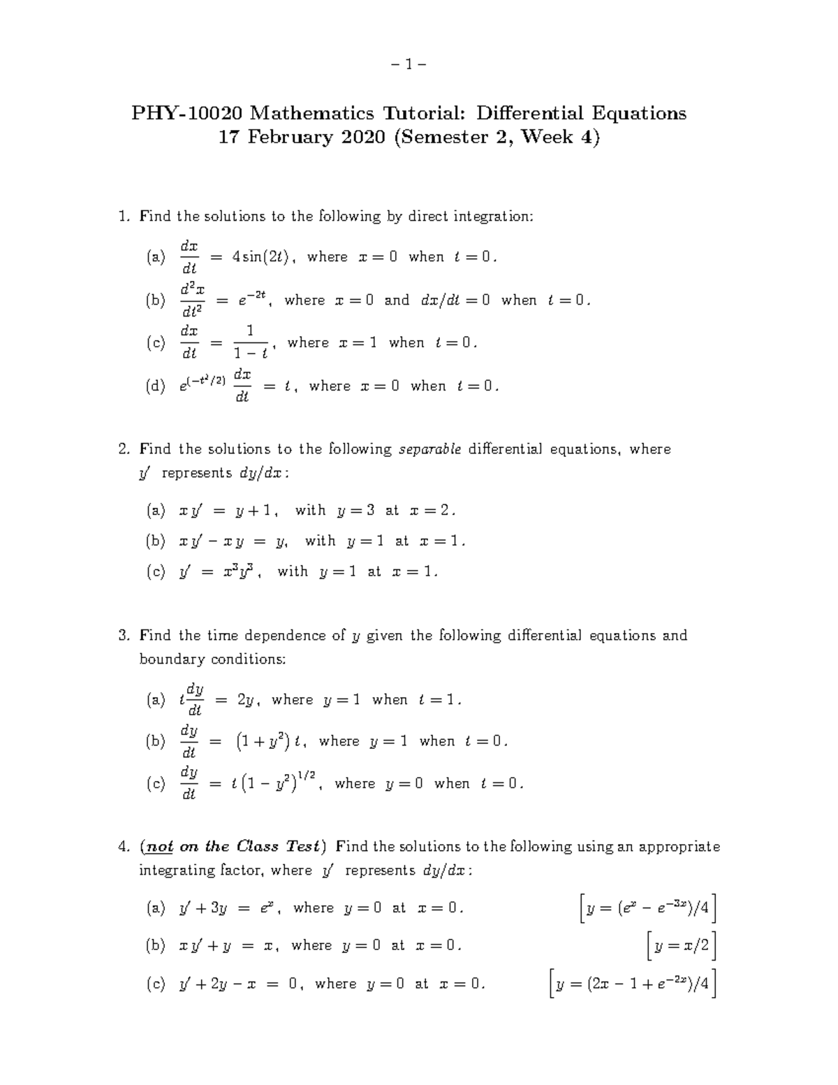 Semester 2 Tutorial 4 2020 - – 1 – PHY-10020 Mathematics Tutorial ...