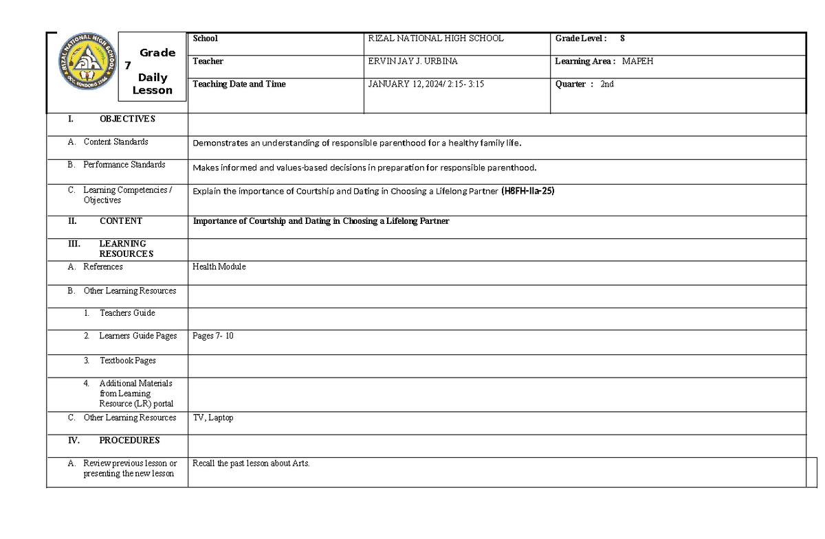 classroom observation health 7 - School RIZAL NATIONAL HIGH SCHOOL ...