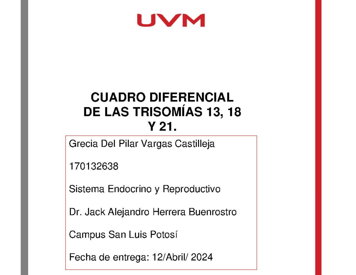 Cuadro Diferencial TrisomíAS - CUADRO DIFERENCIAL DE LAS TRISOMÍAS 13 ...