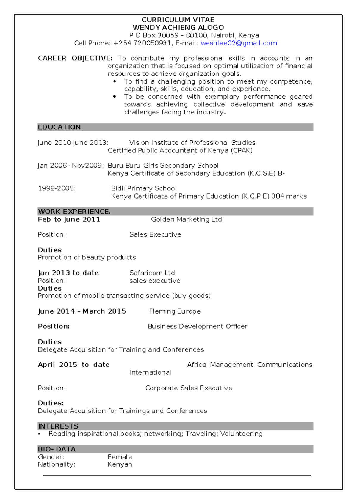 Wendy Alogo revised-1 - CURRICULUM VITAE WENDY ACHIENG ALOGO P O Box ...