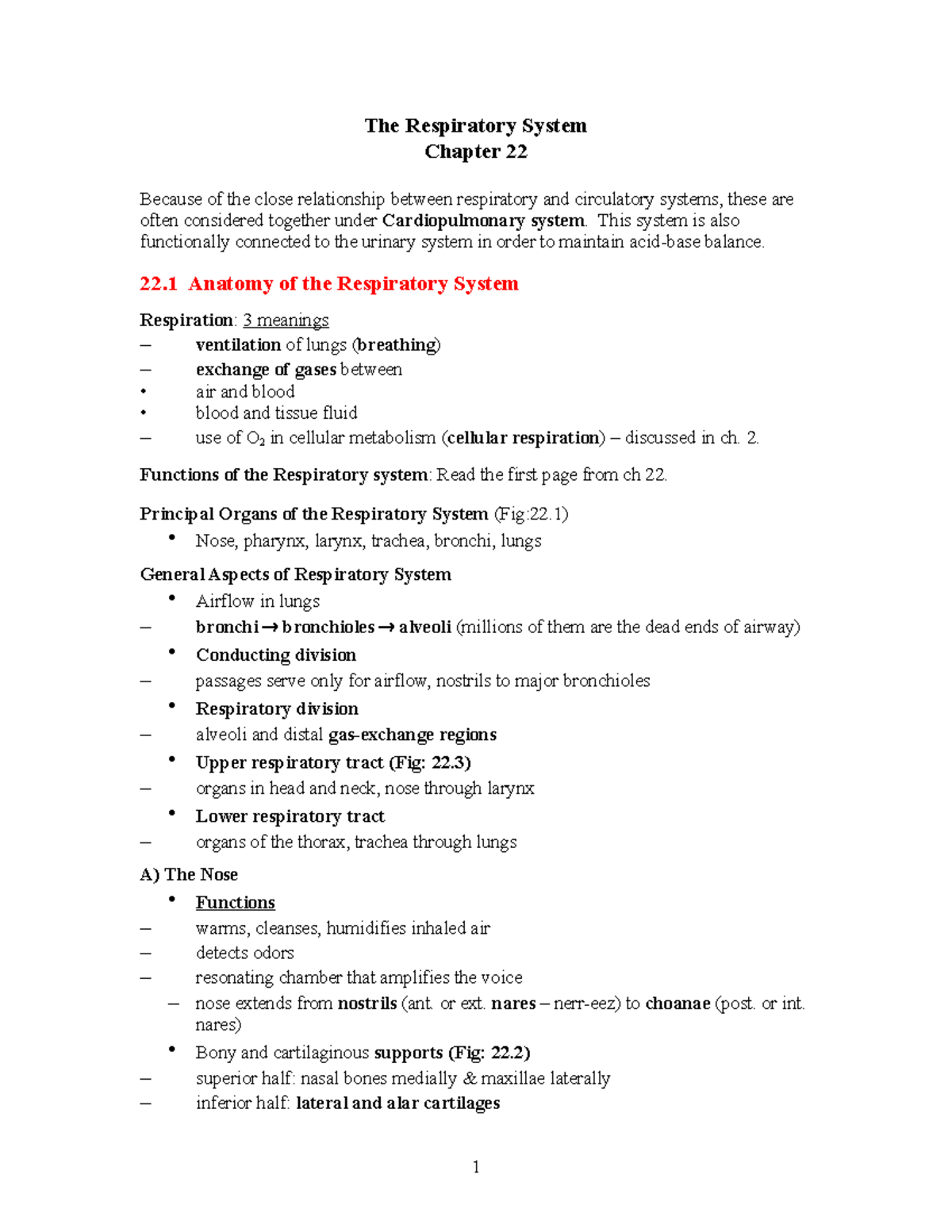 Ch22 lec note-2 - Lecture notes 1-3 - The Respiratory System Chapter 22 ...