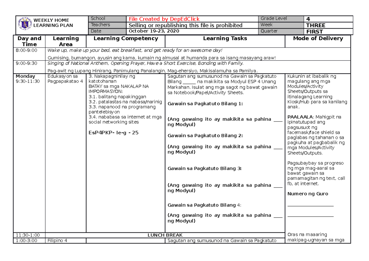 Weekly Home Learning Plan- Grade 4 (Q1 Week 3) - WEEKLY HOME LEARNING ...