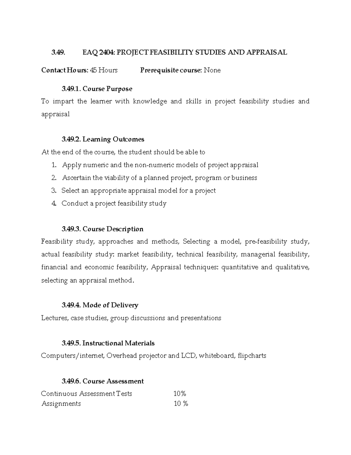 EAQ 2404 Project Feasibility Studies and Appraisal handout 001 - 3. EAQ ...