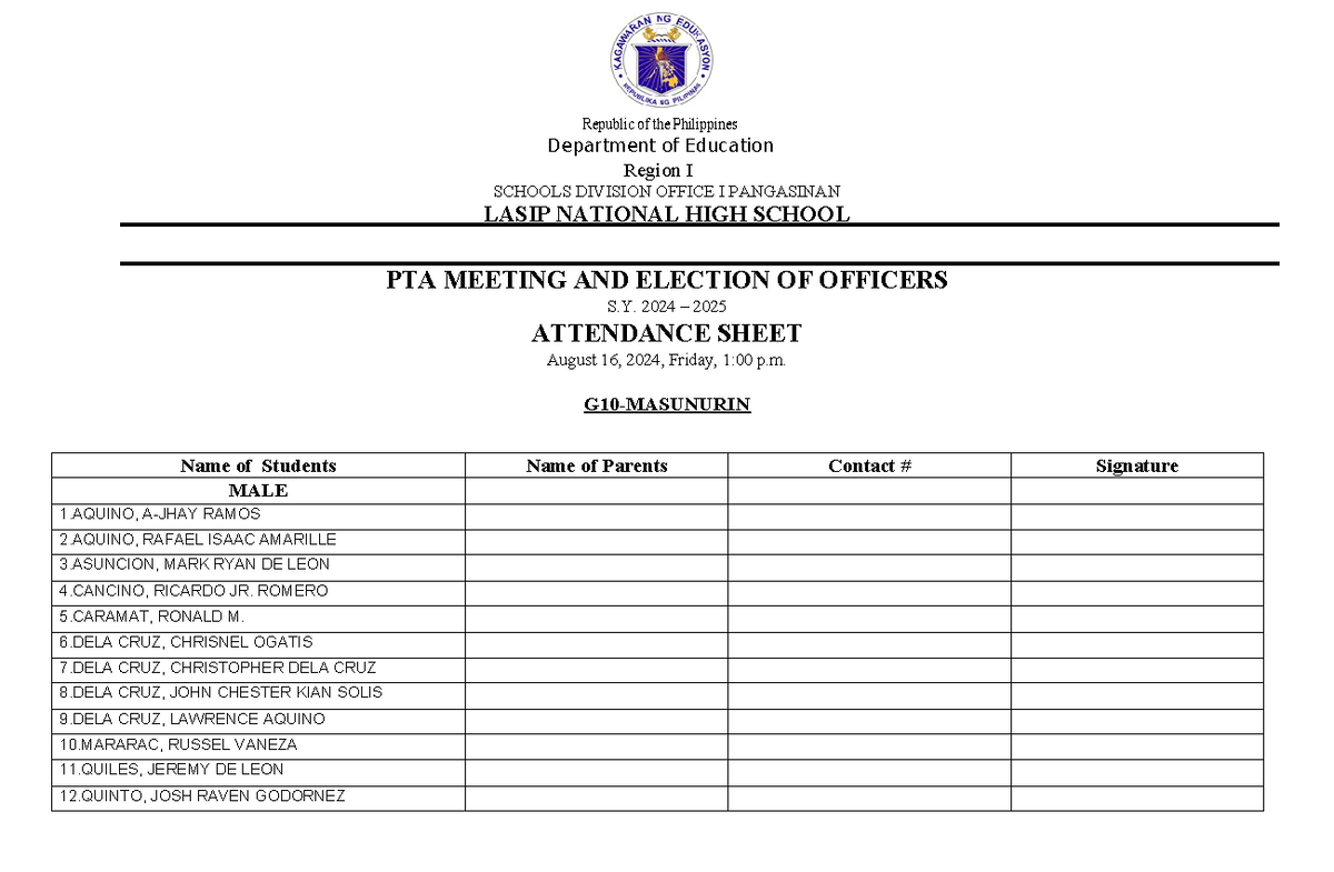 PTA- Attendance- Sheet - Republic of the Philippines Department of ...