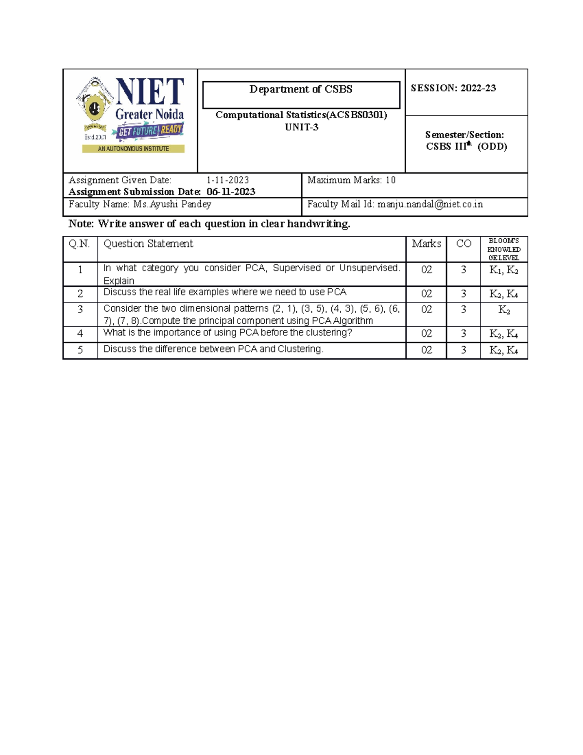 Unit 3 assignment - bbdfb - Department of CSBS Computational Statistics(ACSBS0301) UNIT- SESSION ...