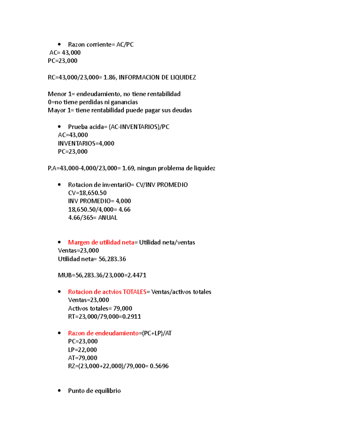 Actividad 12 - Tarea de ejercicios - Razon corriente= AC/PC AC= 43, PC ...