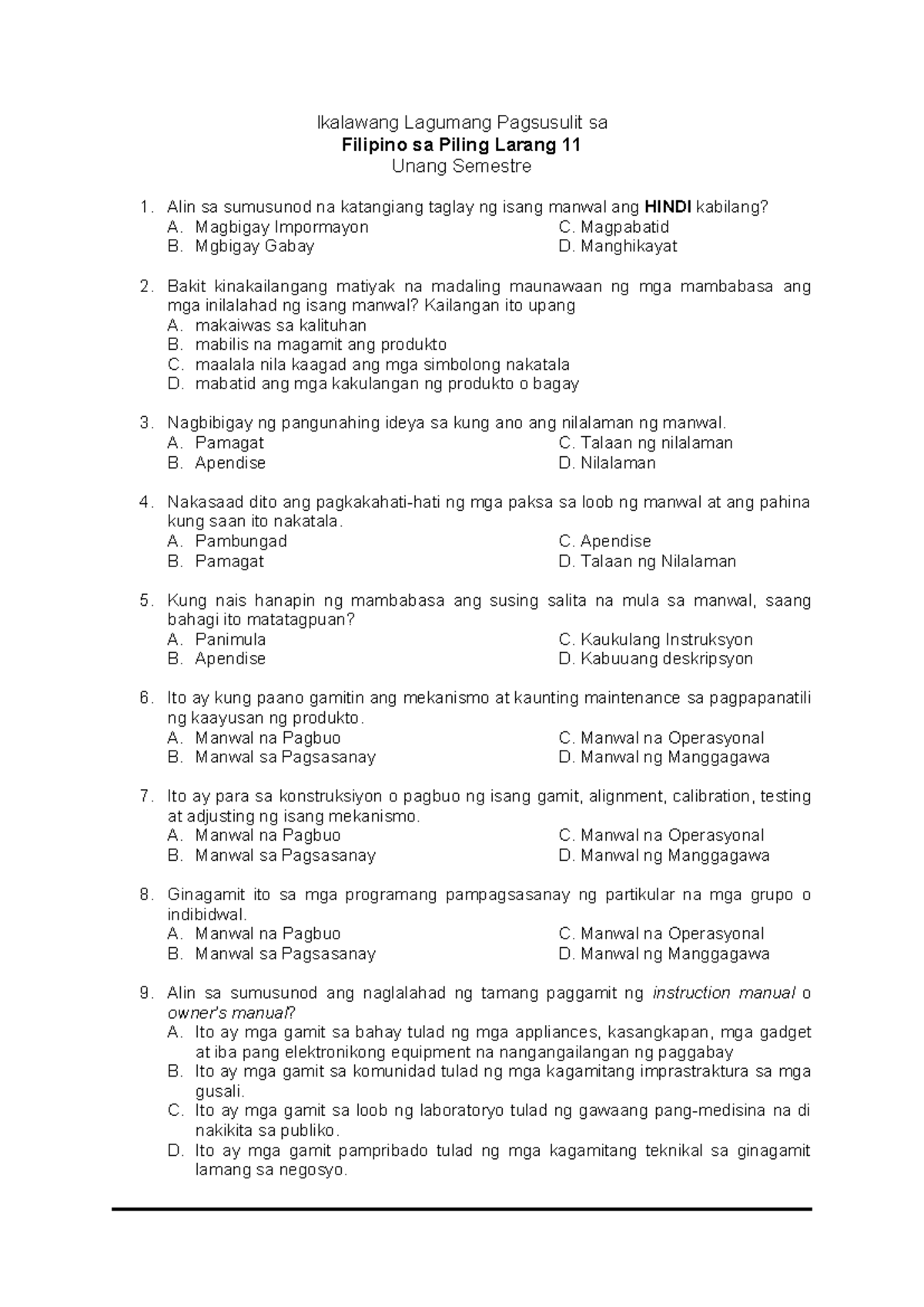 Filipino sa Piling Larang 11 - Ikalawang Lagumang Pagsusulit sa Filipino sa Piling Larang 11 ...
