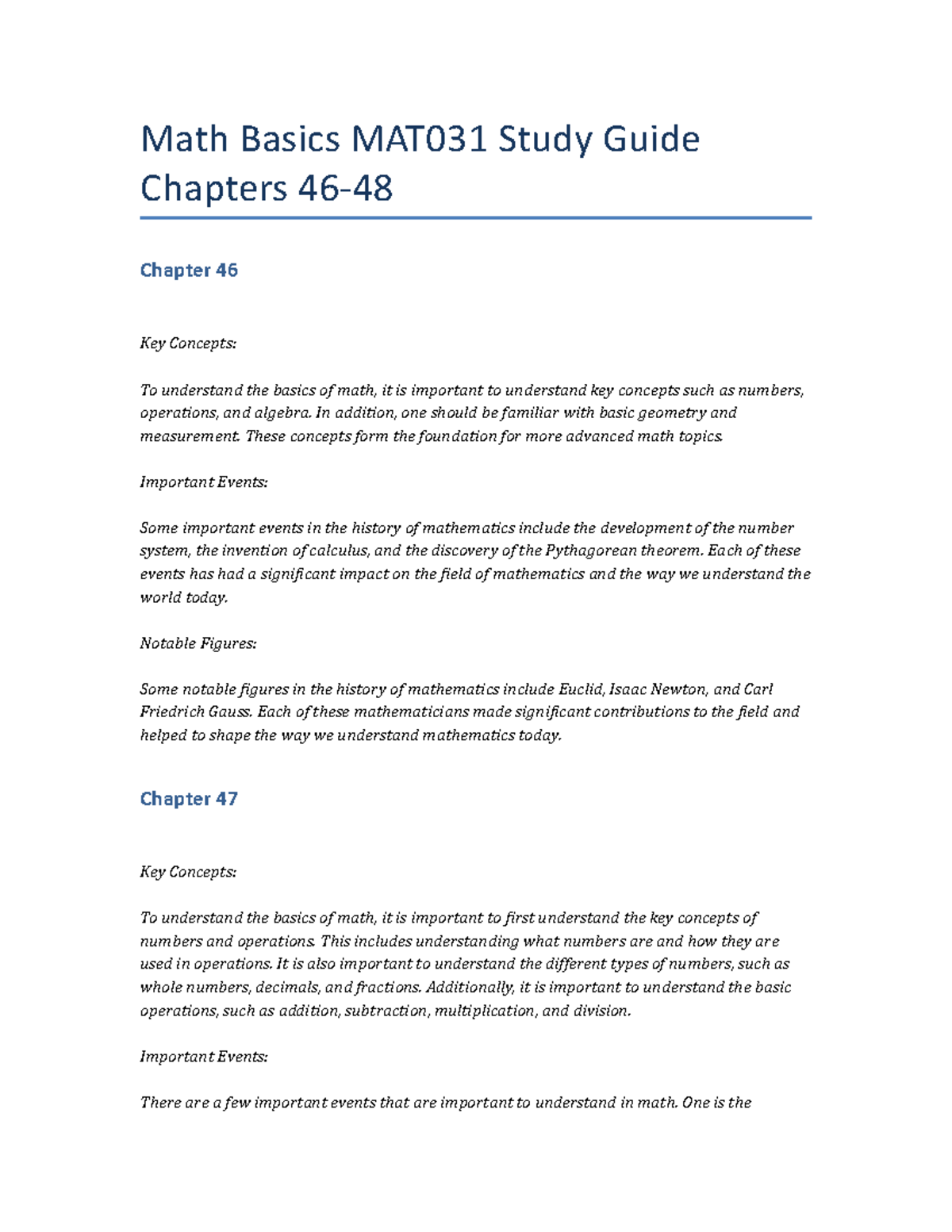 Math Basics MAT031 Study Guide Chapters 46-48 - Math Basics MAT031 ...
