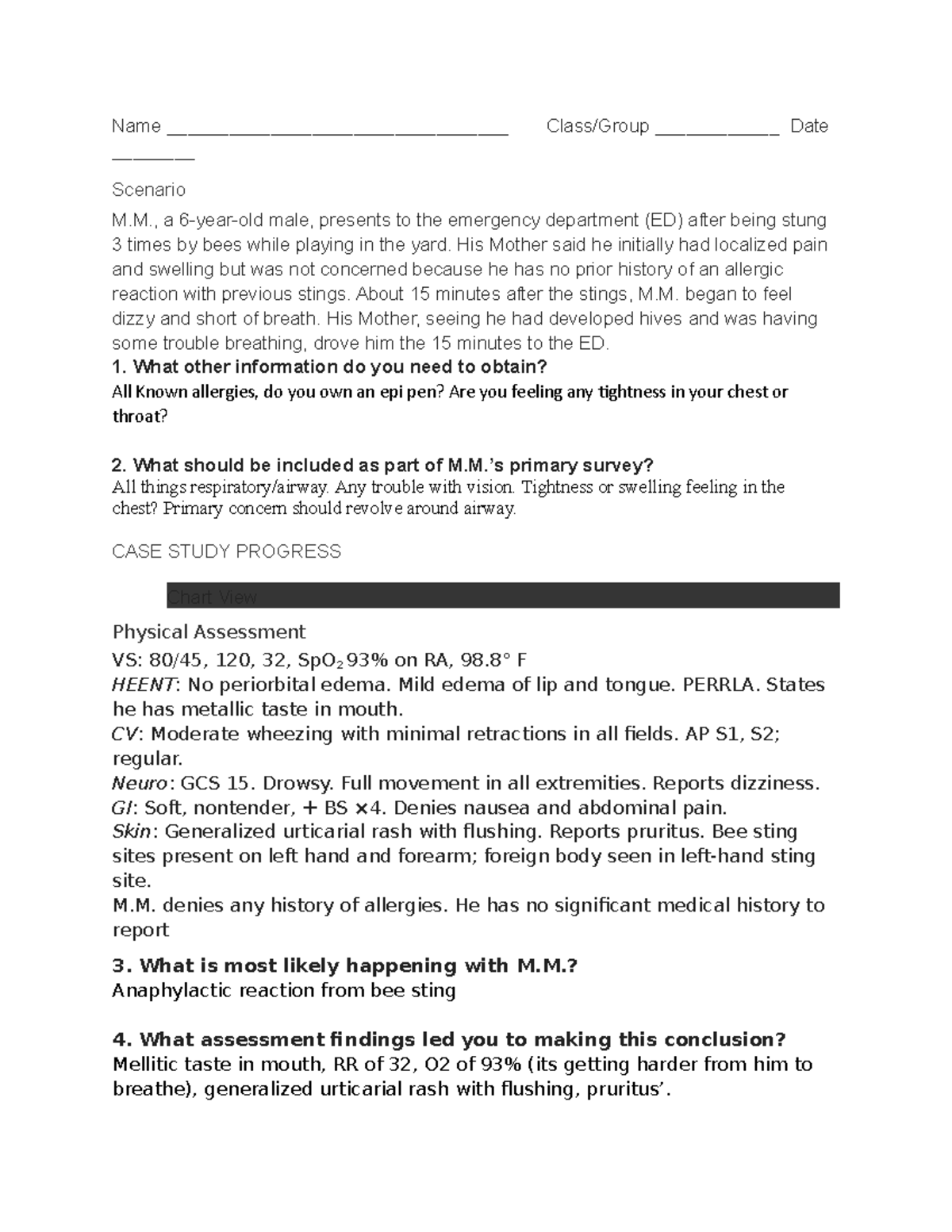 Anaphylaxis PEDS case study - Name ...
