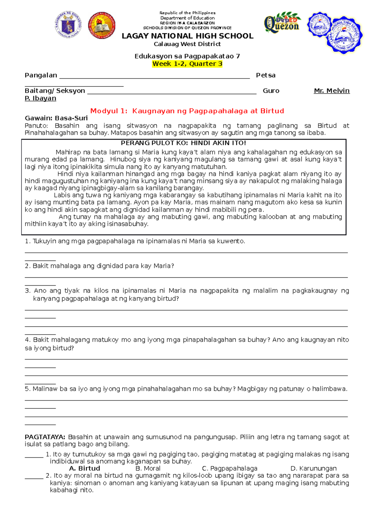 Esp 7 -Week 1-2-q3 - Activity/ Answer Sheets for the Third Quarter - Republic of the Philippines ...