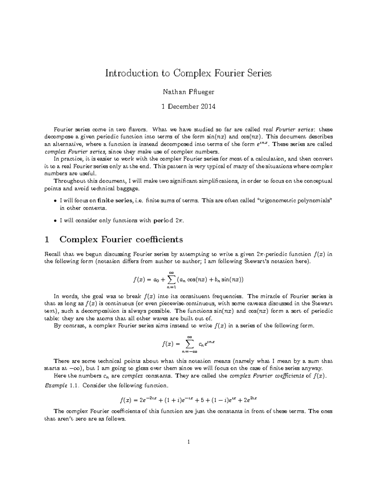 Complex Fourier Series - Introduction to Complex Fourier Series Nathan ...