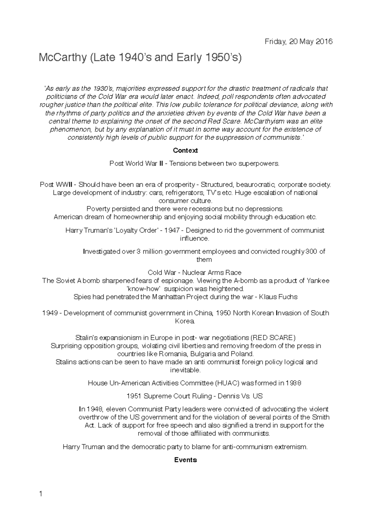 Summary - Revision Notes on McCarthyism - Friday, 20 May 2016 McCarthy ...