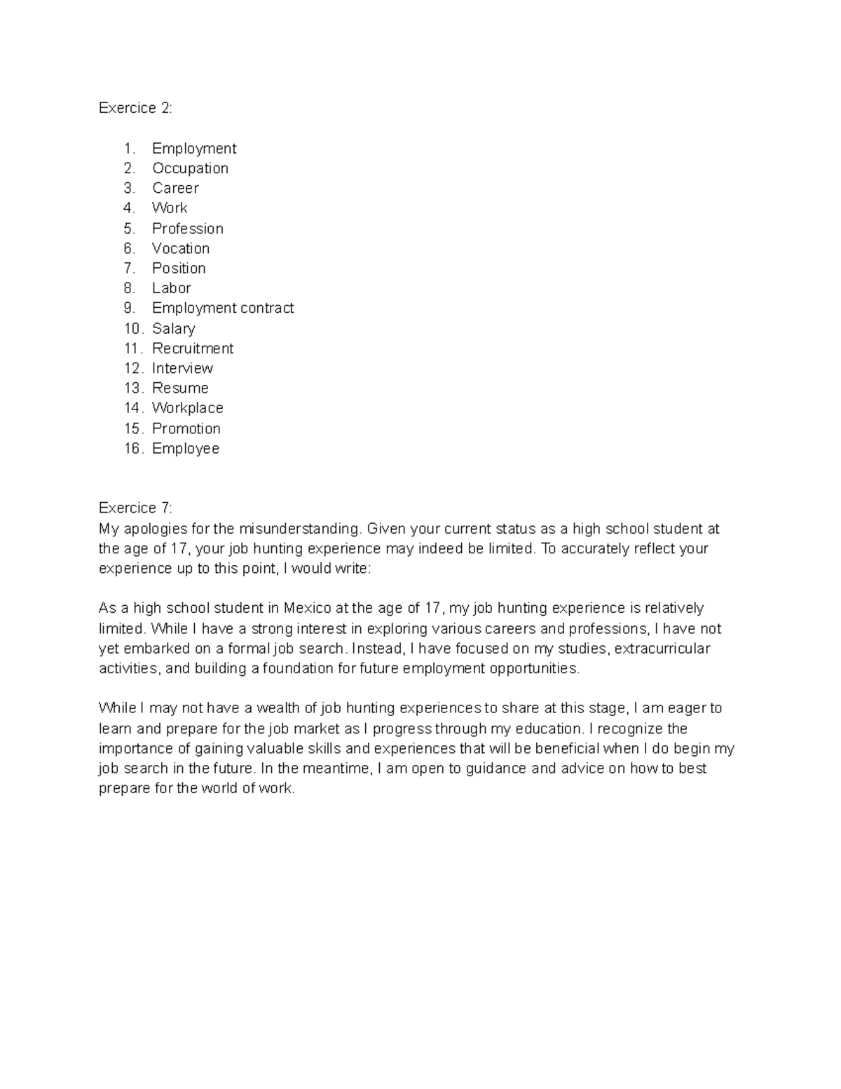 Writing-Looking for work - Exercice 2: 1. Employment 2. Occupation 3 ...