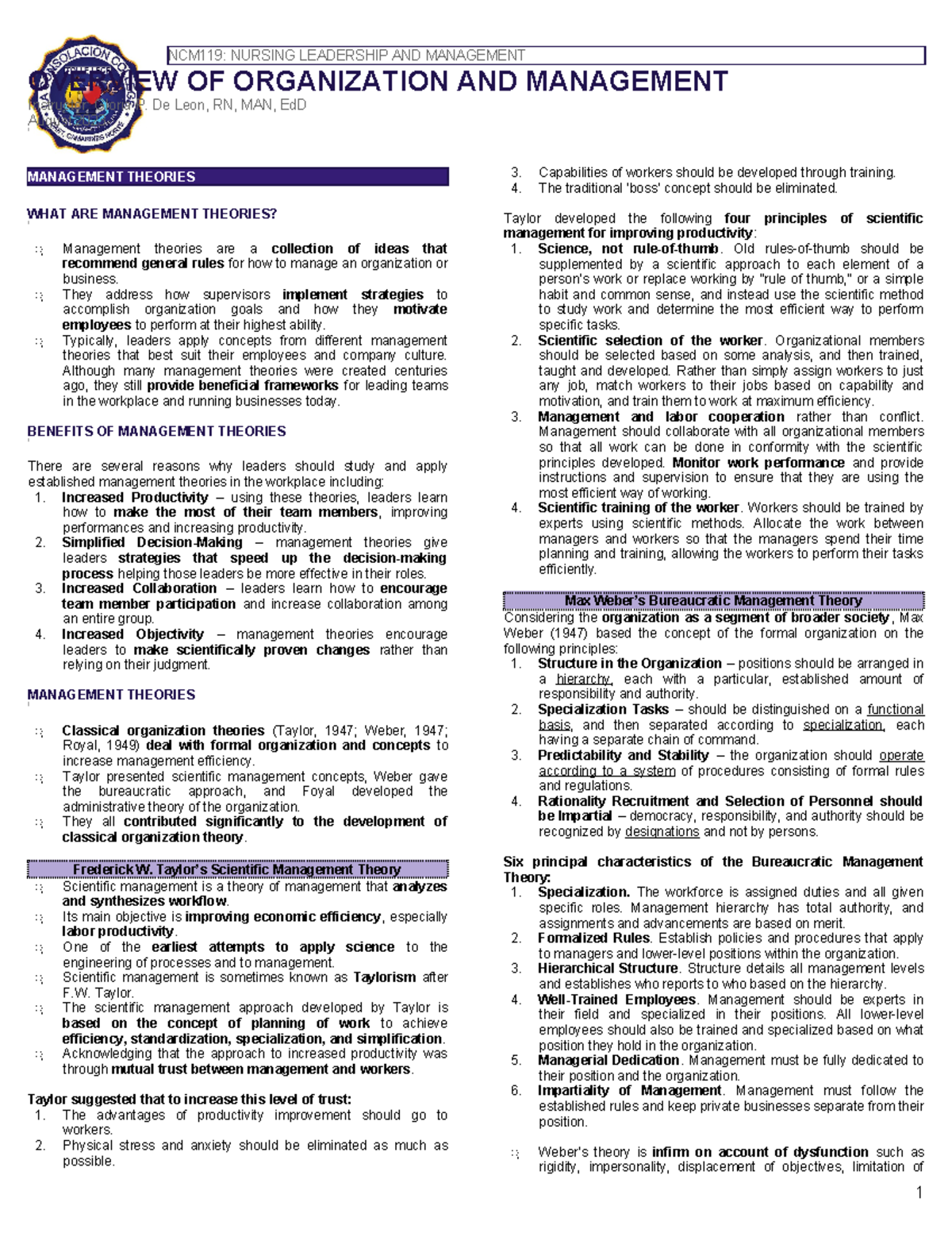 Overview of Organization Management - NCM119: NURSING LEADERSHIP AND ...