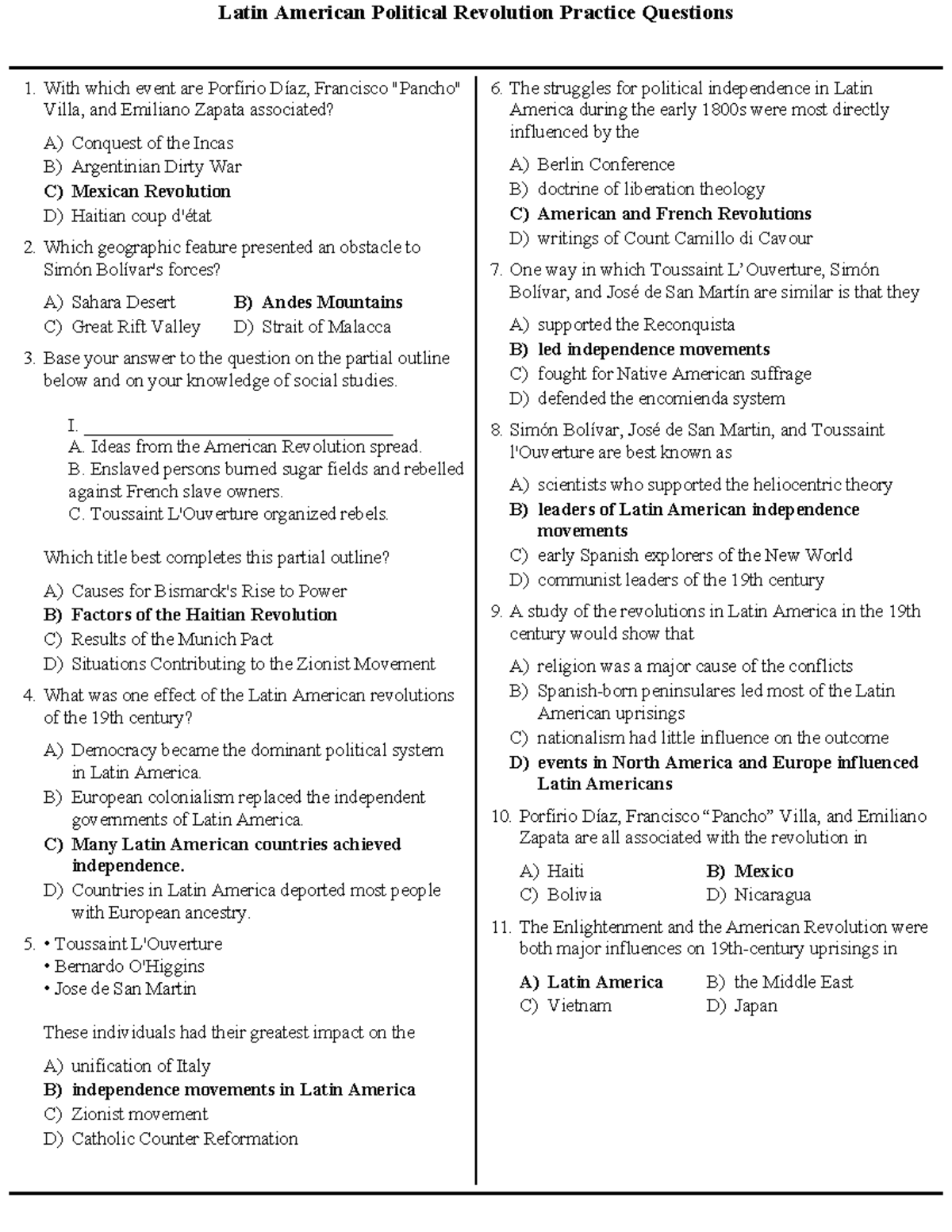 SC10 Latin American Revolution Practice Questions tc - A) Conquest of ...