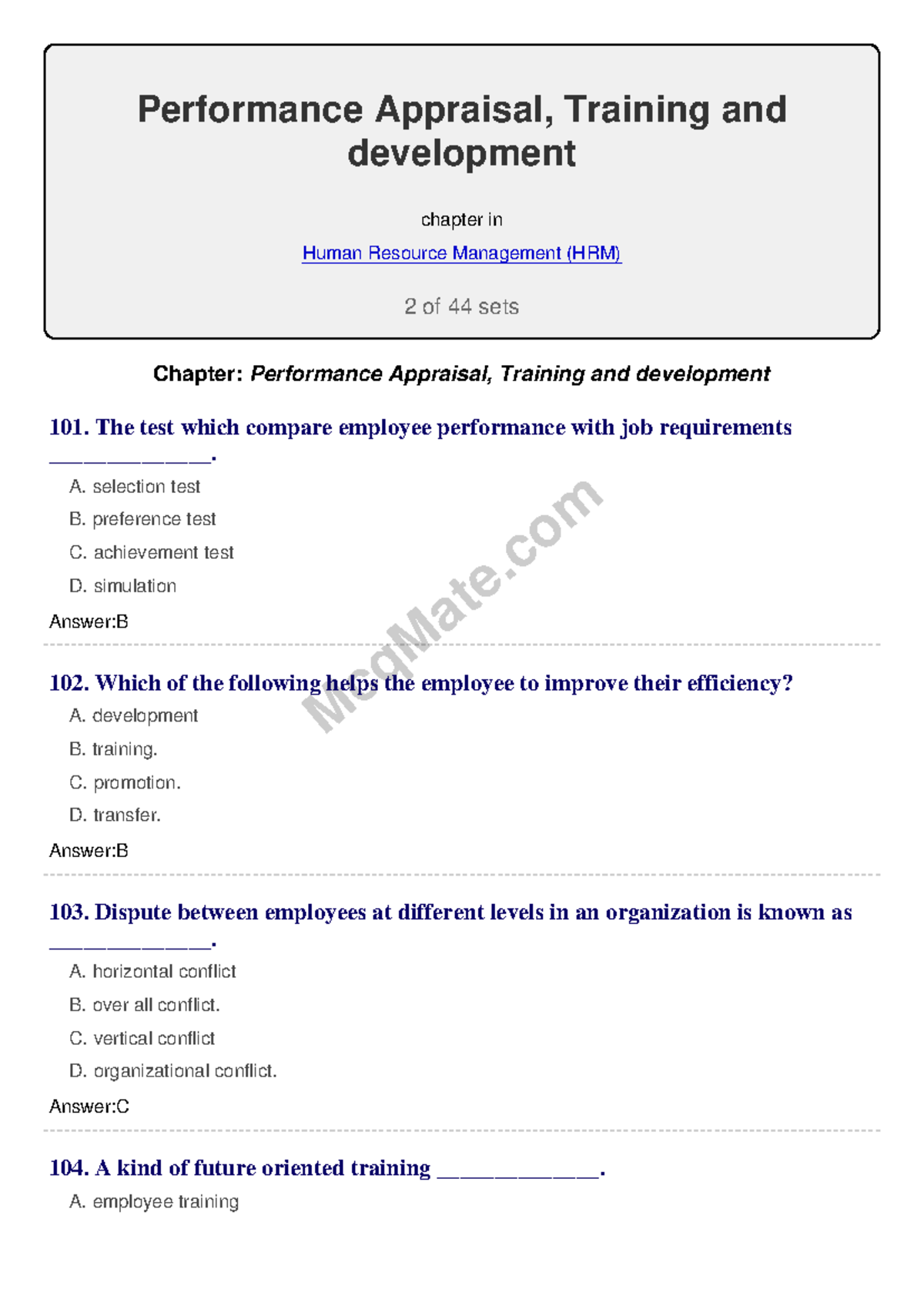 Performance-appraisal-training-and-development-human-resource-management [set 2] - McqMate - Studocu
