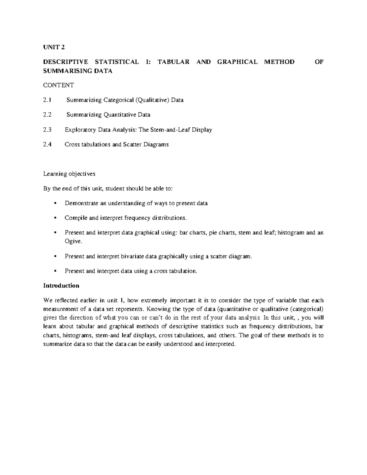 ABA3691 Distance Students Bus Stats Unit 2 - UNIT 2 DESCRIPTIVE ...