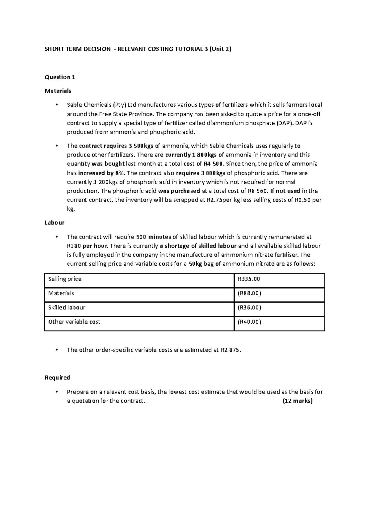 Tutorial Unit 2 Relevant Costing Questions - SHORT TERM DECISION ...
