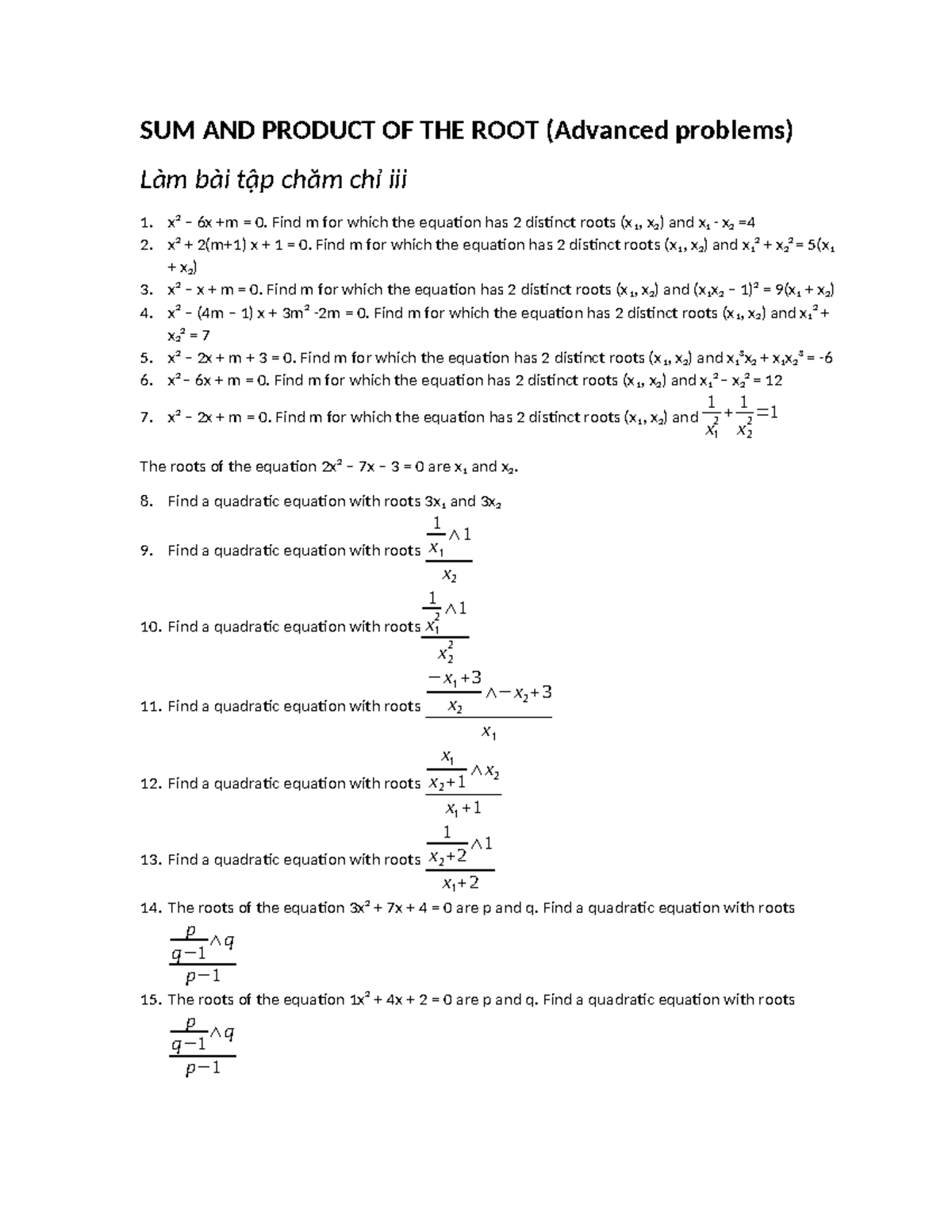Sum and Product of the root - SUM AND PRODUCT OF THE ROOT (Advanced ...