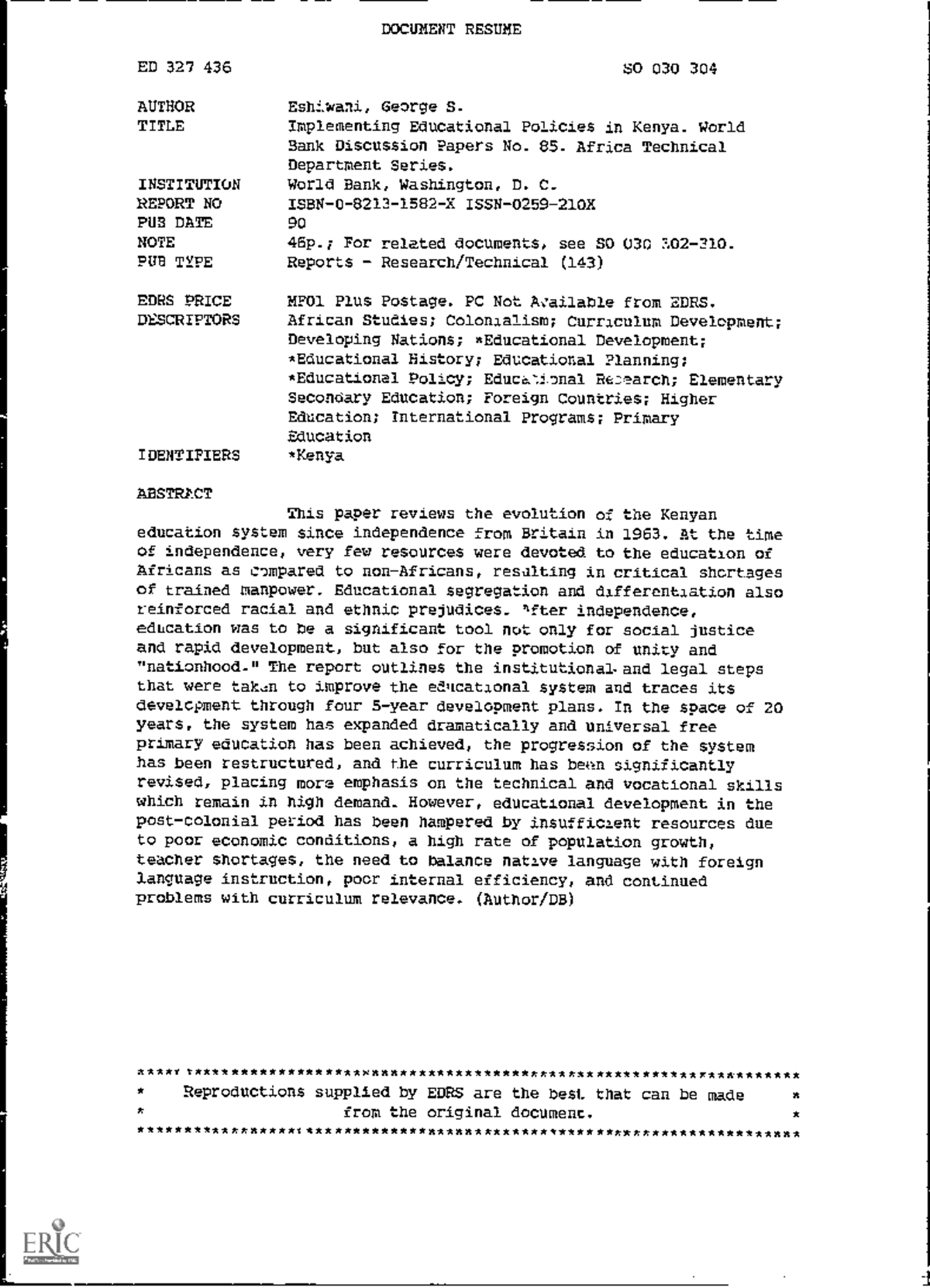 Eshiwani EDU Planning - MORE NOTES TO BE UPLOADED - DOCUMENT RESUME ED ...