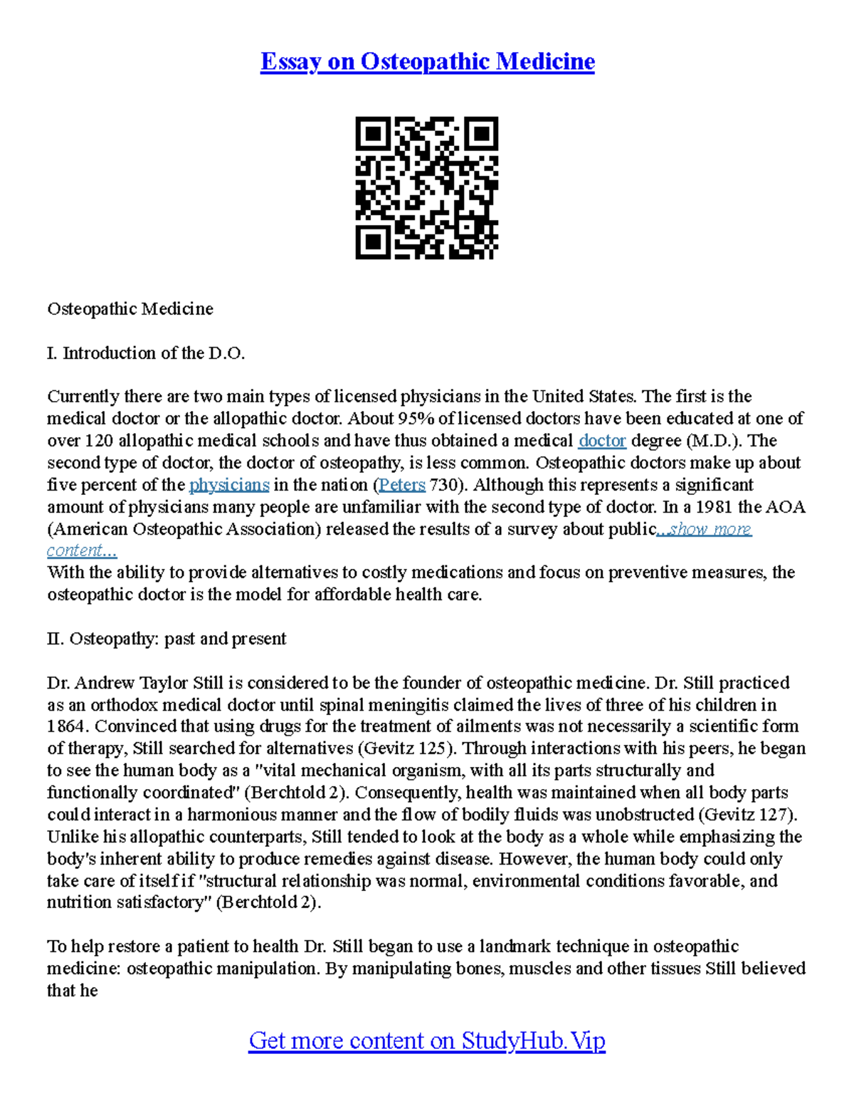 Sample Med School Essays - Essay on Osteopathic Medicine Osteopathic ...