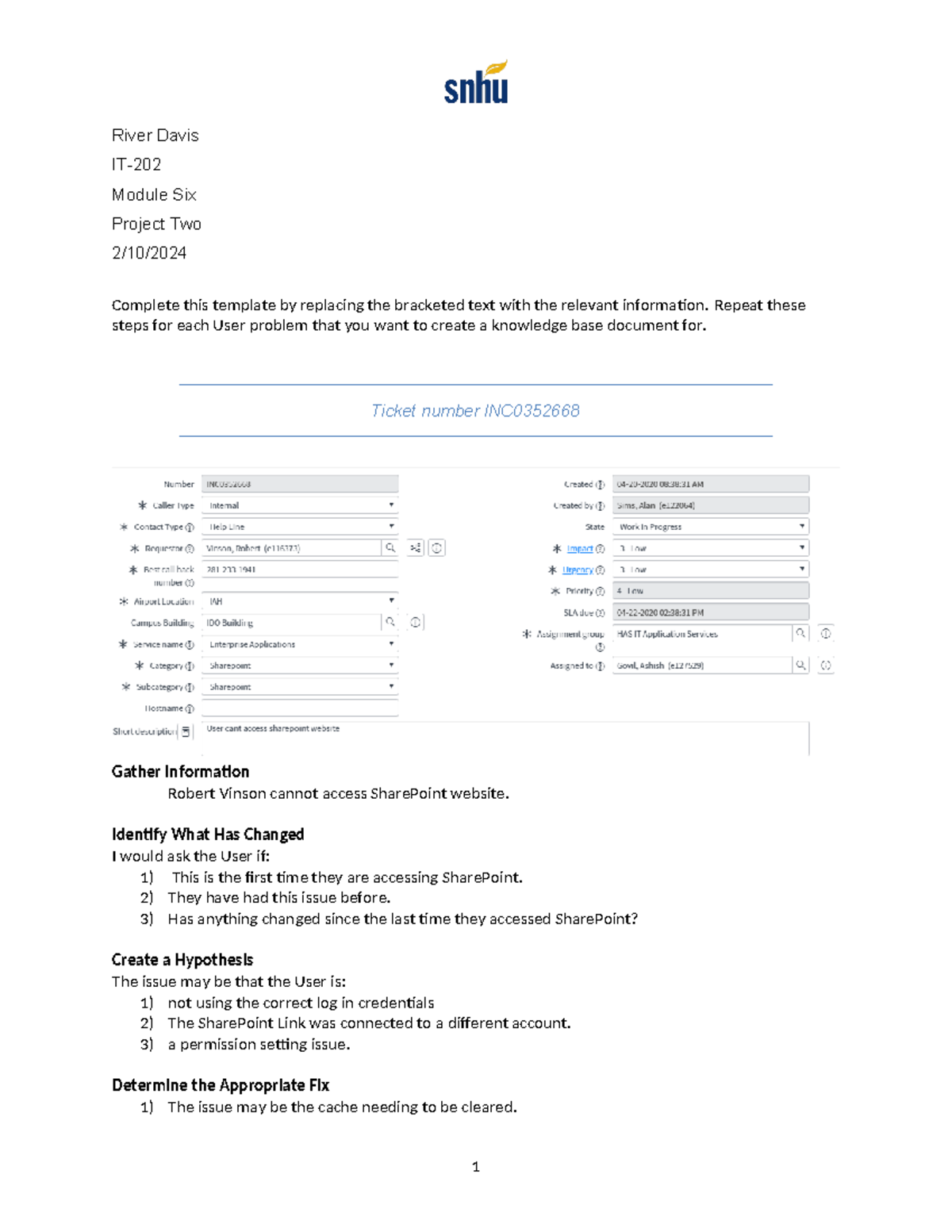 IT 202 Project Two M7 - River Davis IT- Module Six Project Two 2/10 ...