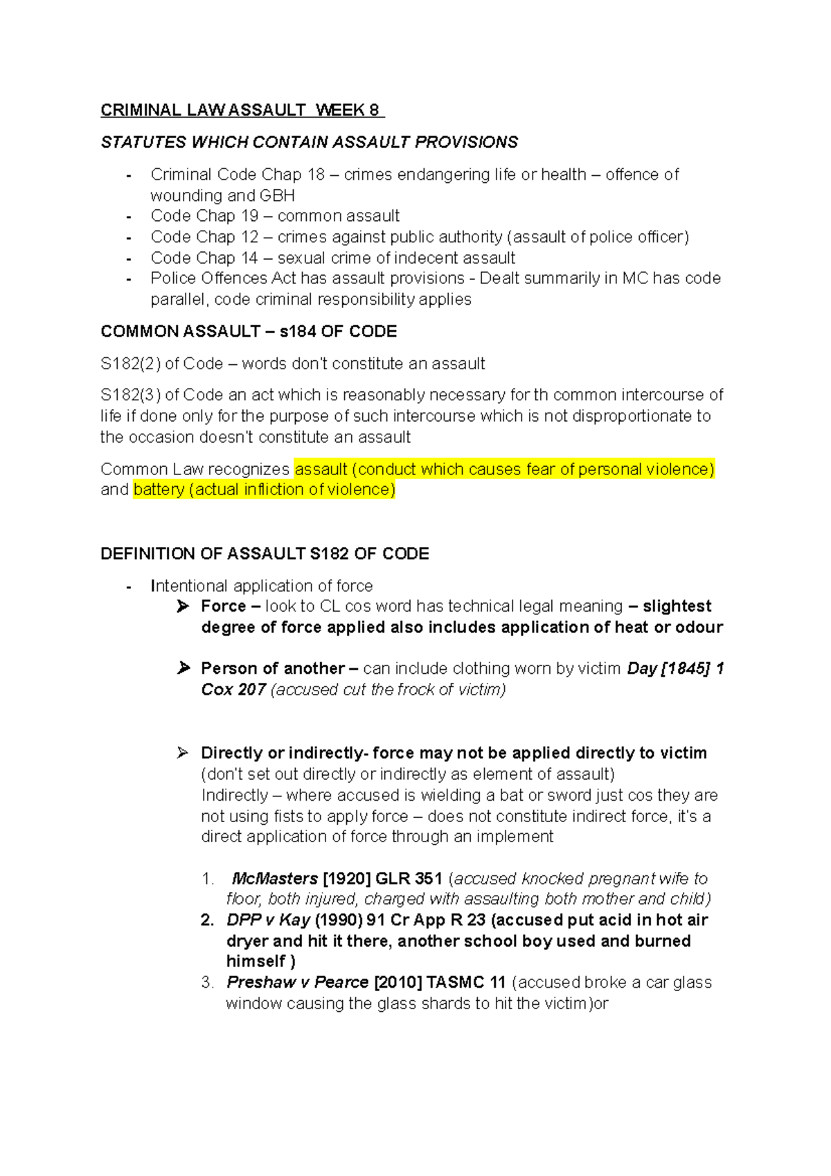 lecture notes - Assault - CRIMINAL LAW ASSAULT WEEK 8 STATUTES WHICH ...