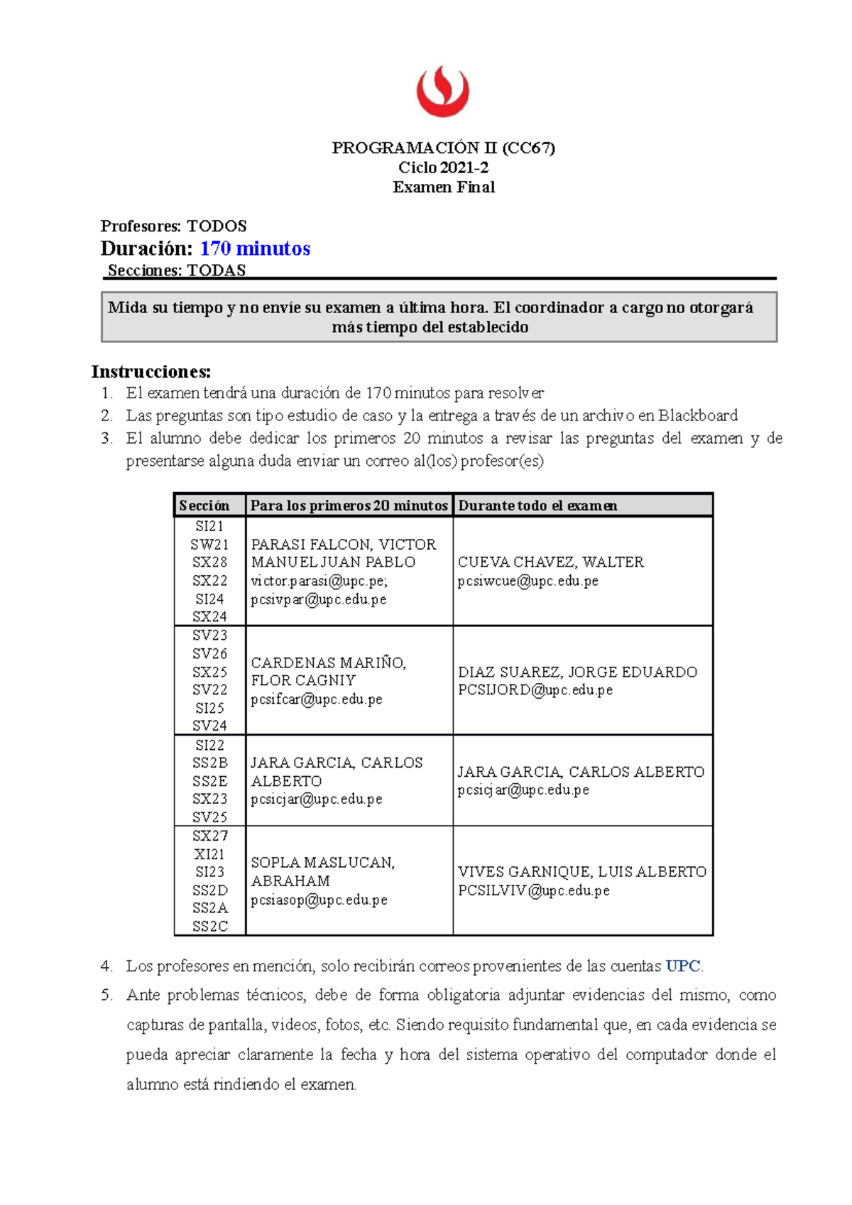 Examen final del curso de programación 2 - PROGRAMACIÓN II (CC67) Ciclo ...