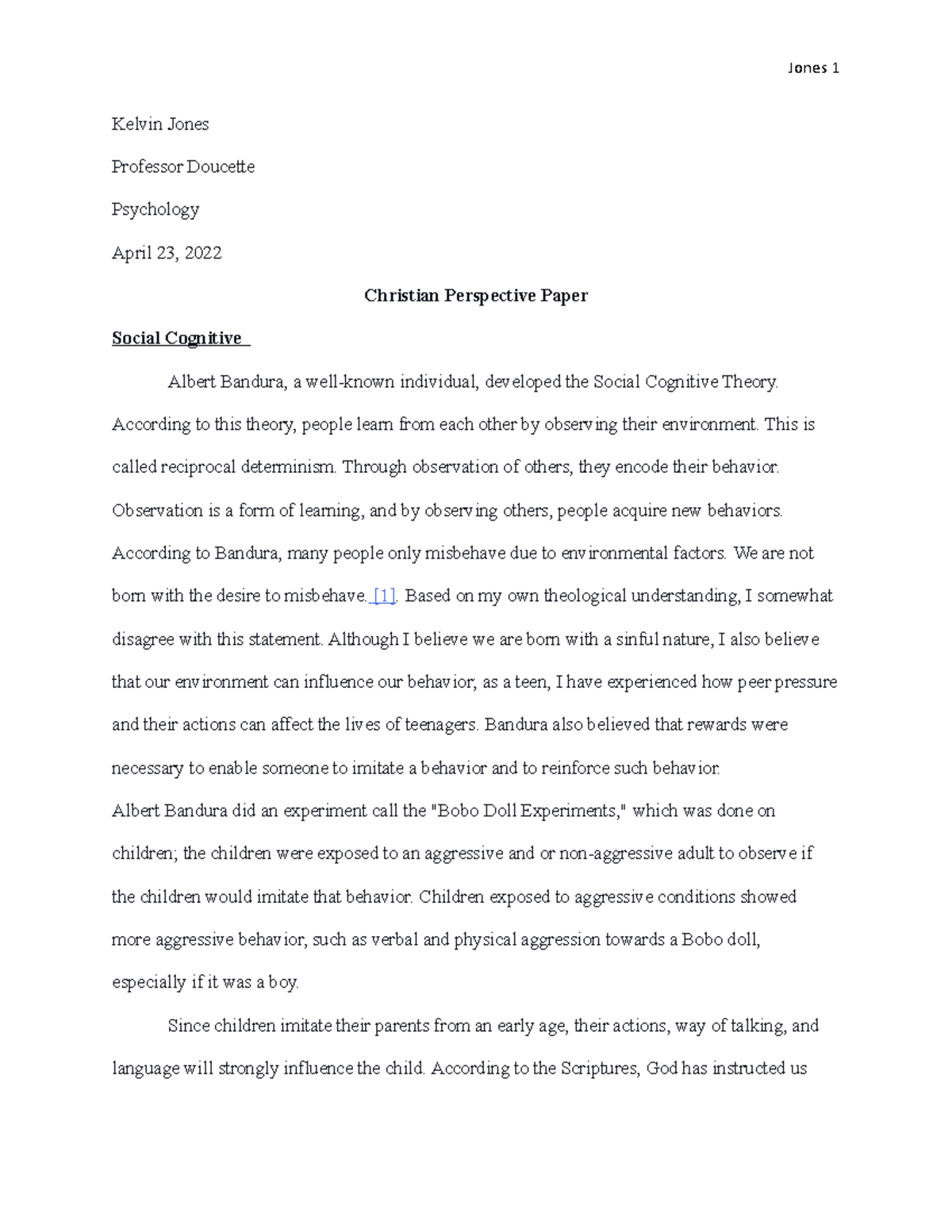 Christian Perspective Paper - Kelvin Jones Professor Doucette ...