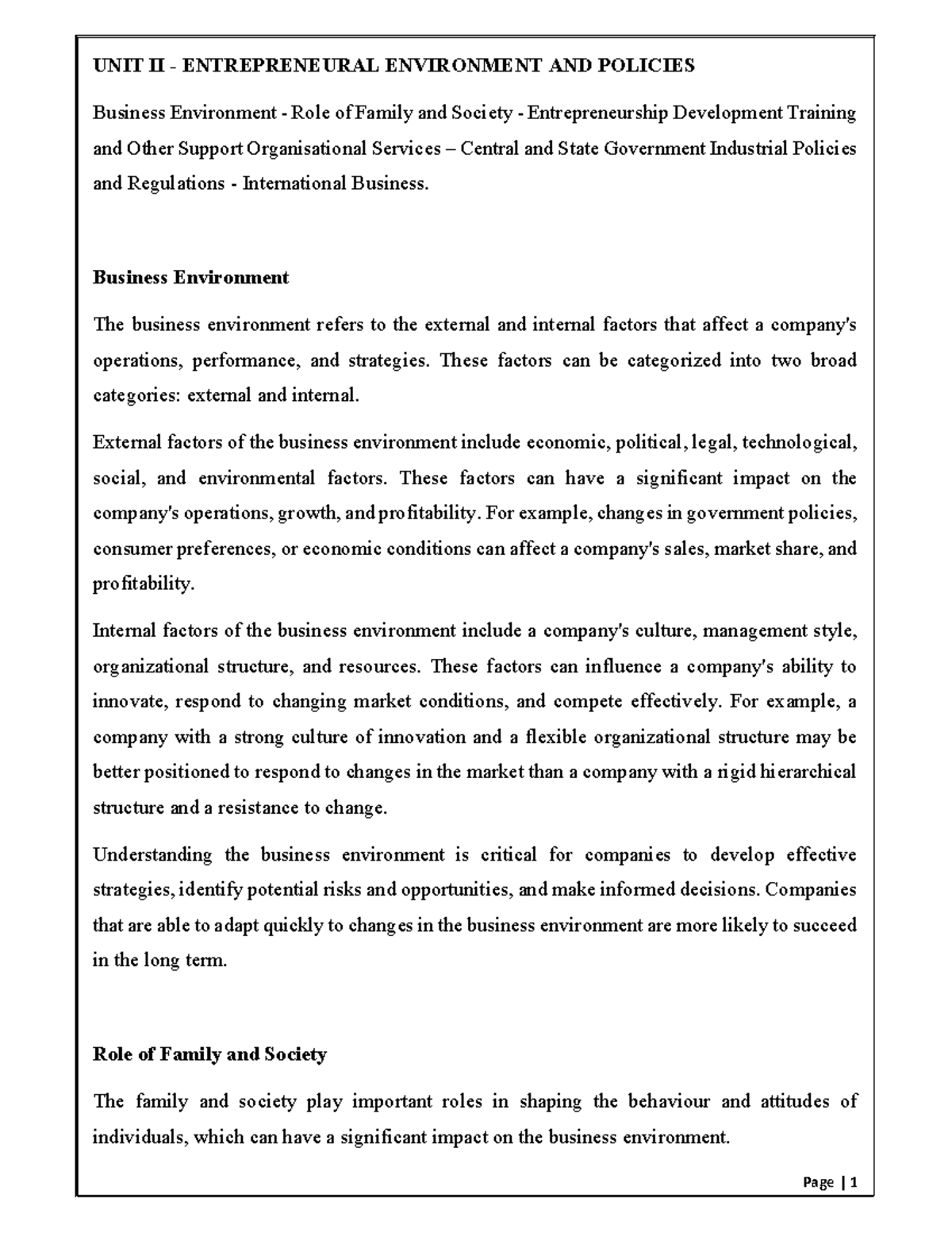 UNIT II Entrepreneural Environment AND Policiesentrepreneurship - UNIT ...