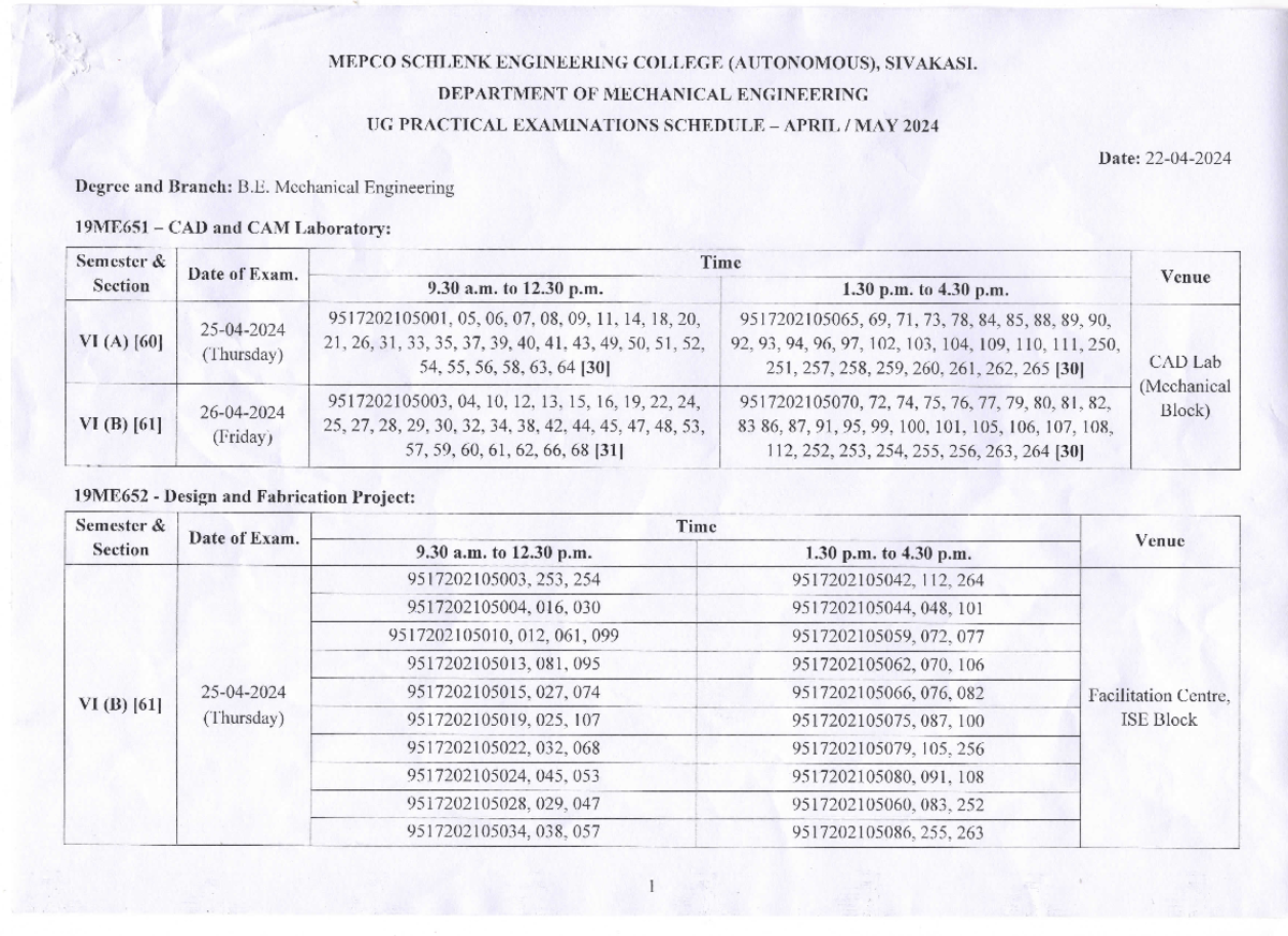 VI Sem (Regular & Arrear), VII Sem & V Sem Arrear Practical Schedule ...