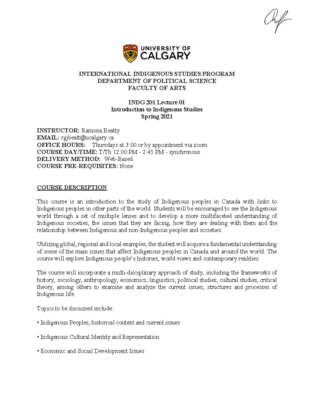 INDG 201 L01 Spring 2021 Outline R.Beatty Approved - INTERNATIONAL ...