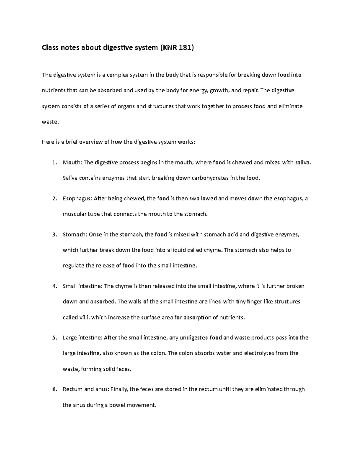 Class notes about digestive system - The digestive system consists of a ...