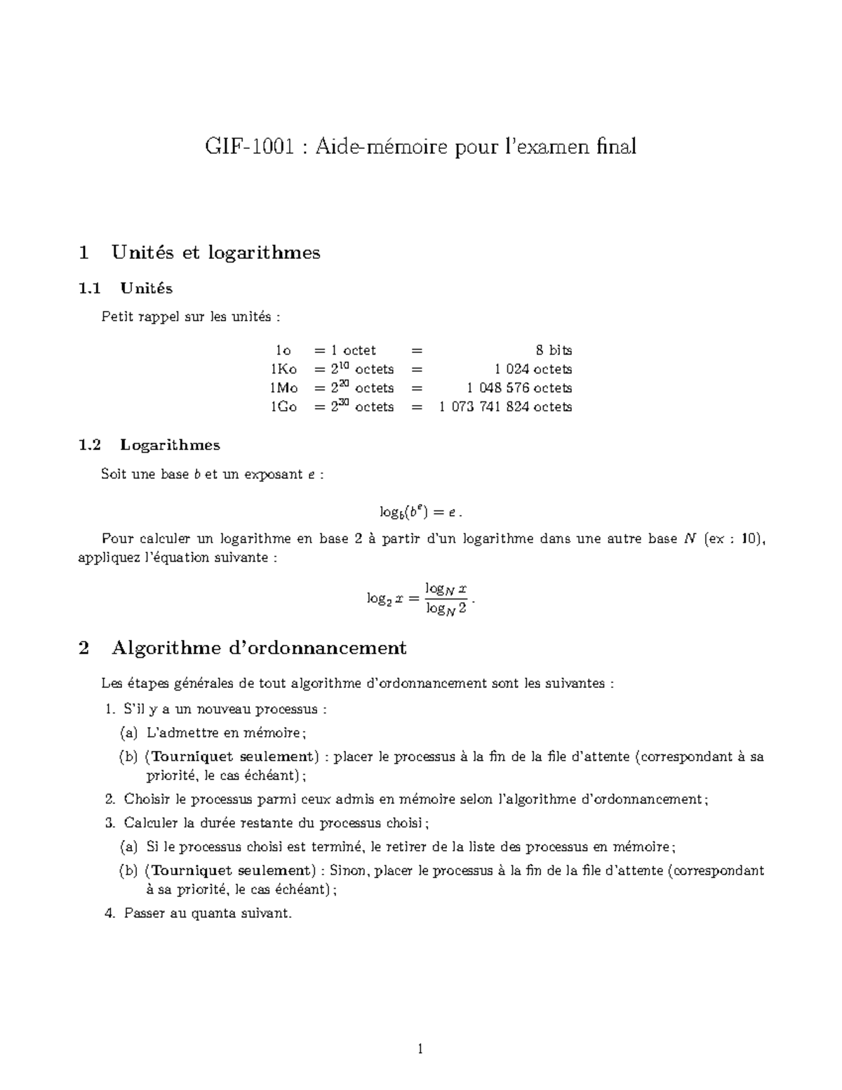 Aidememoire-final - Aide-mémoire pour final - GIF-1001 : Aide-mémoire pour l’examen final 1 ...