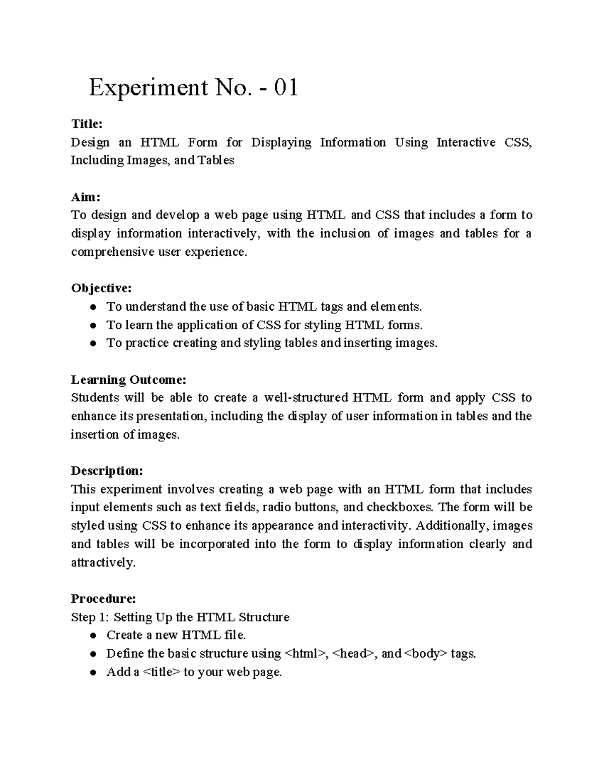 Web Technology Manual - Experiment No. - 01 Title: Design an HTML Form for Displaying ...