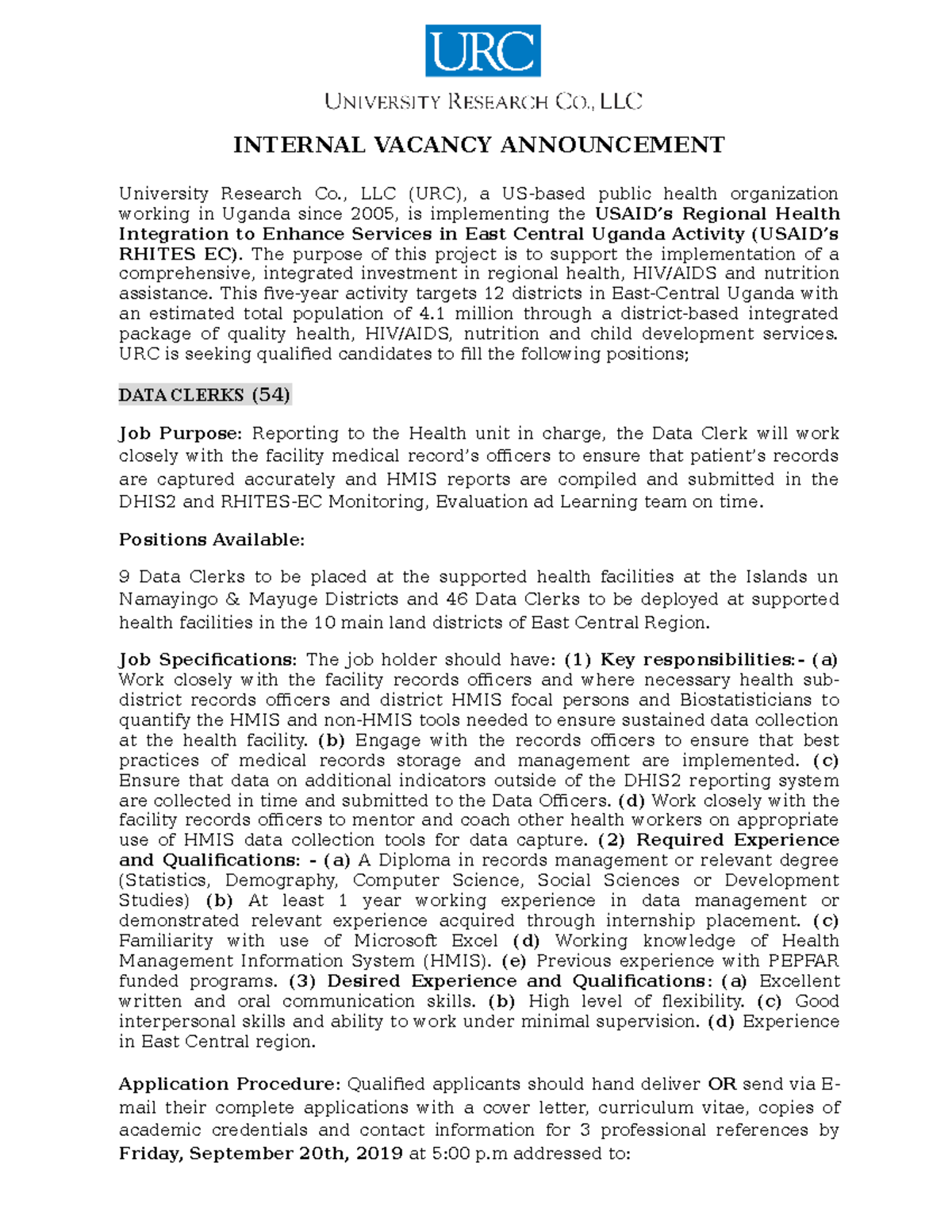 Exam 13 September 2019, questions - INTERNAL VACANCY ANNOUNCEMENT ...