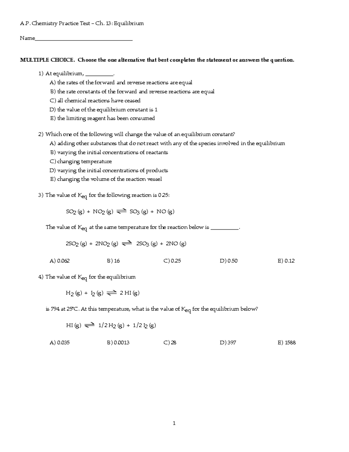 Ch 13 prac test equilibrium practice test combo - A. Chemistry Practice ...