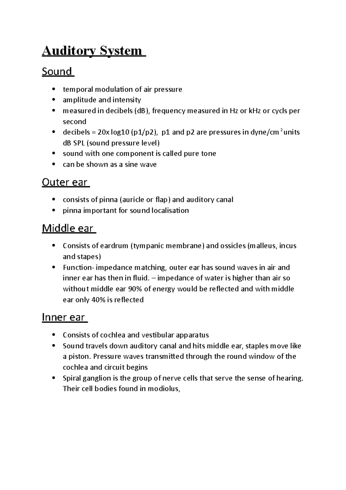 Auditory System notes - Auditory System Sound temporal modulation of ...