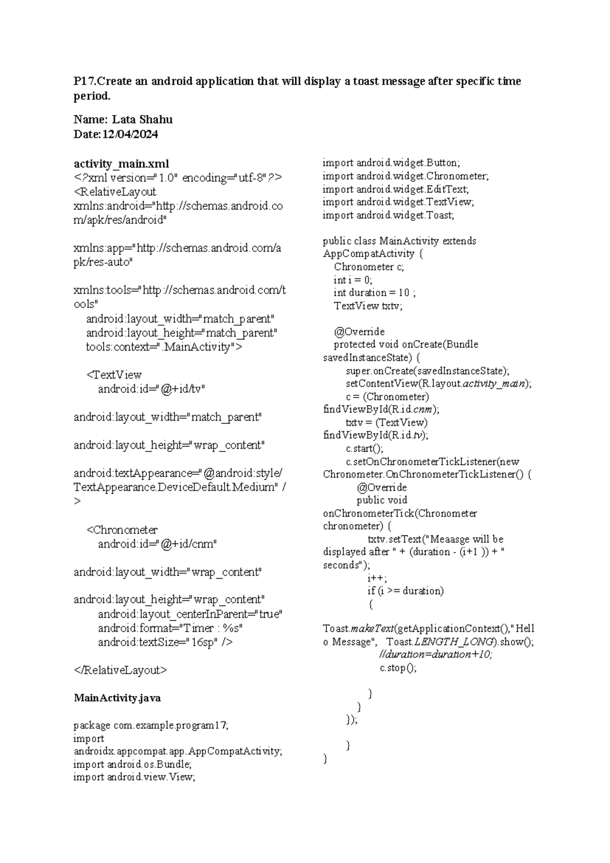 Program 17 - Android - P17 an android application that will display a ...