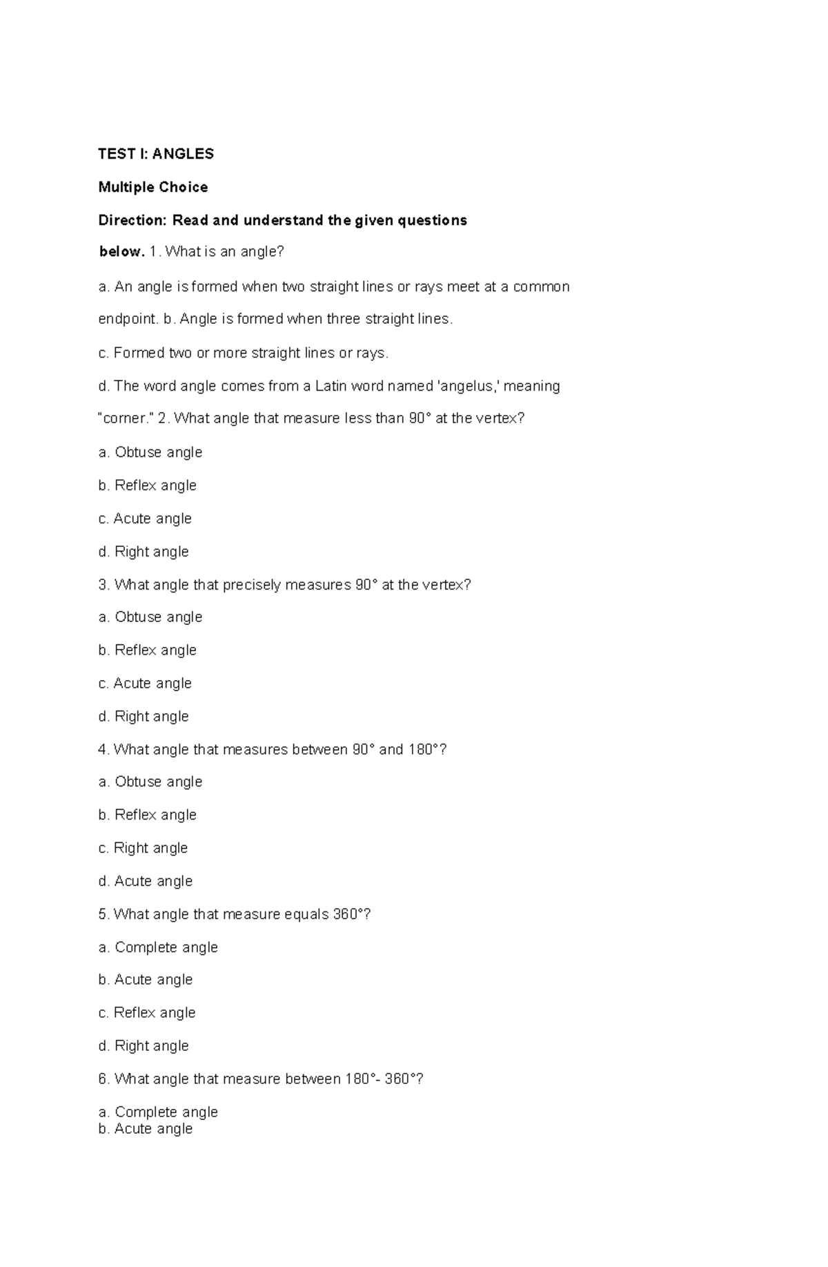 Angles - Test questions (Angle) - TEST I: ANGLES Multiple Choice ...